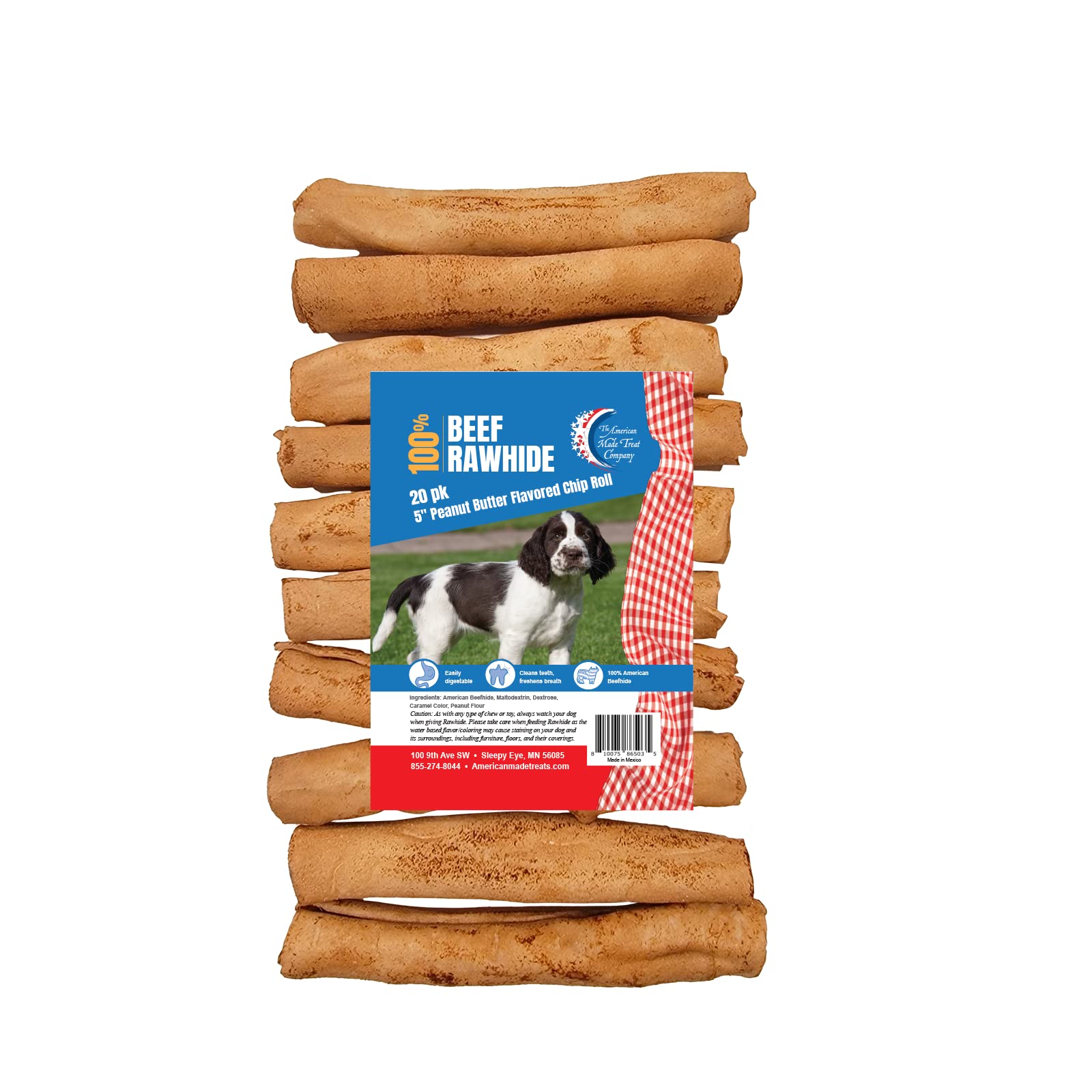American Made Treat Co - Dog Treats, Peanut Butter Flavor Beef Rawhide Chip Rolls, Puppies to Seniors, Dental Dog Bone Alternative - 5” Rolls - 20 Pack