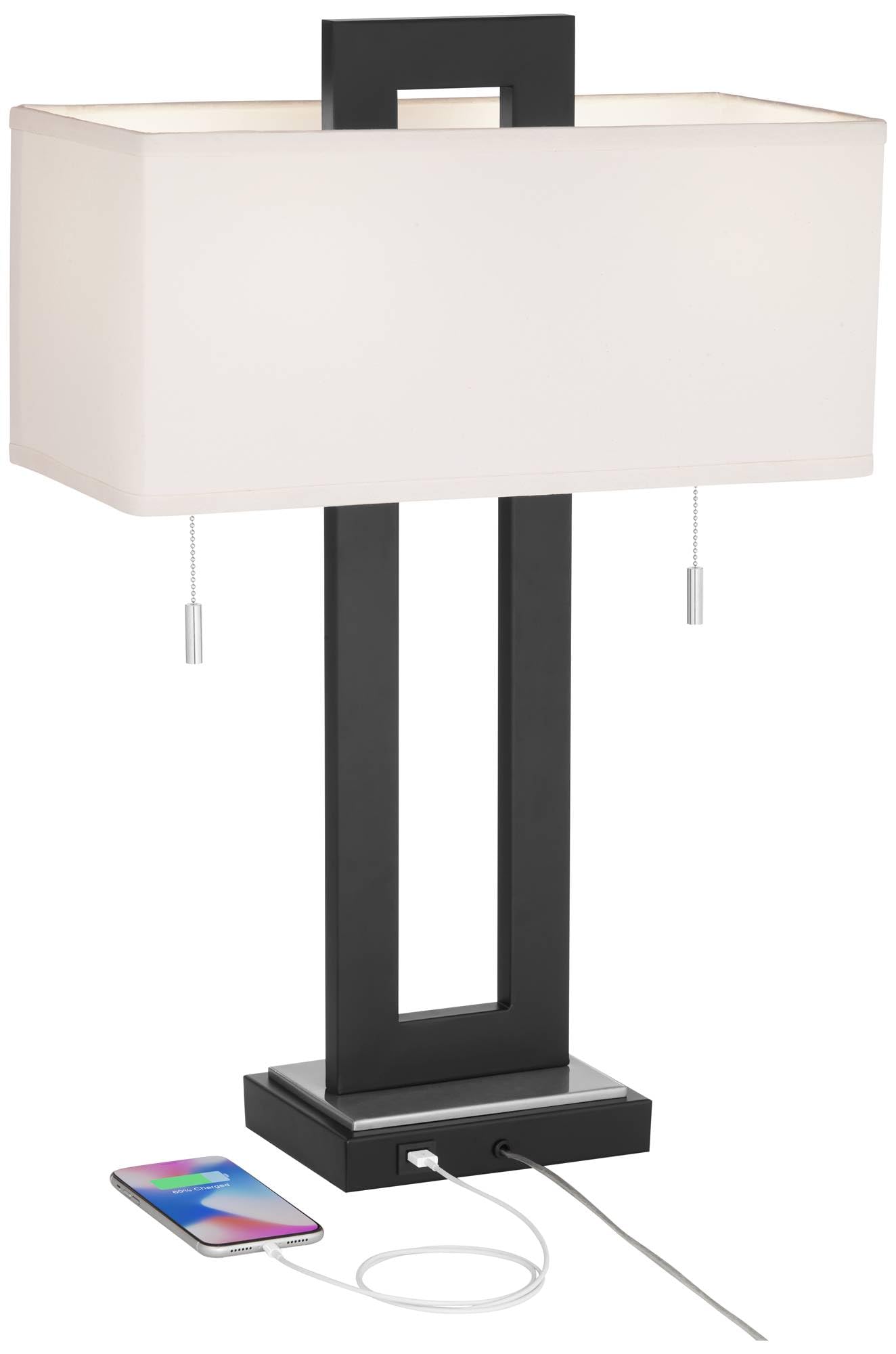 360 Lighting Neil 26" High Rectangular Rustic Modern Table Lamps Set of 2 USB Port Pull Chain Black Metal White Shade Living Room Charging Bedroom Bedside Nightstand House Office Entryway