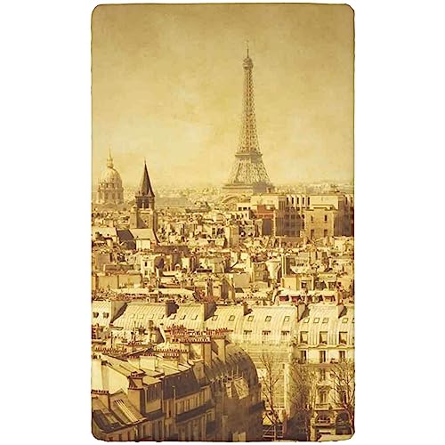 Eiffel Tower Themed Fitted Mini Crib Sheets,Portable Mini Crib Sheets Soft Toddler Mattress Sheet Fitted - Great for Boy or Girl Room or Nursery,24β x38β,Brown