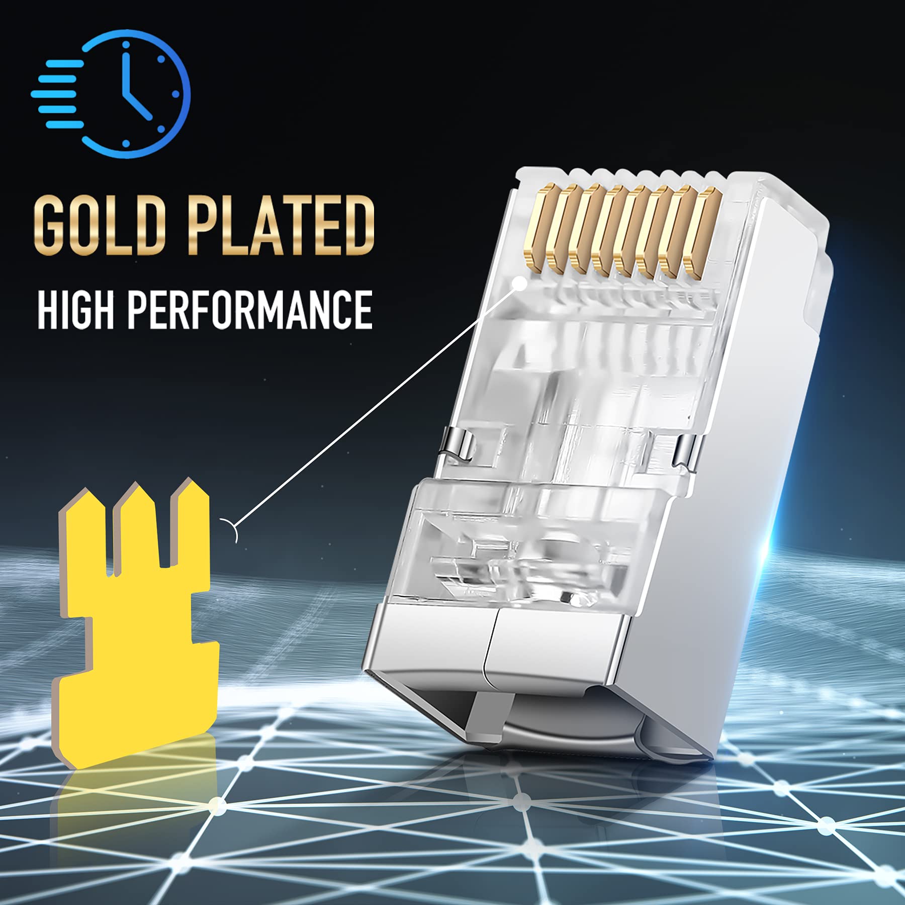 JODROAD Shielded RJ45 Cat6 Cat6A Pass Through Connectors - 3 Prong 8P8C Gold Plated Ethernet Ends for FTP/STP Network Cable & Solid Wire 20Pack