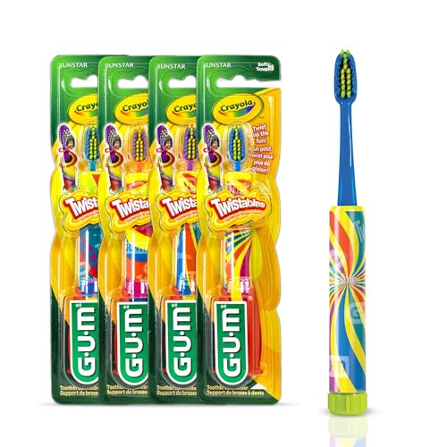 GUM Crayola Twistables Toothbrush for Kids , Soft Bristles Children & Toddler Toothbrush with Holder , For Ages 3+, 1ct (4pk)