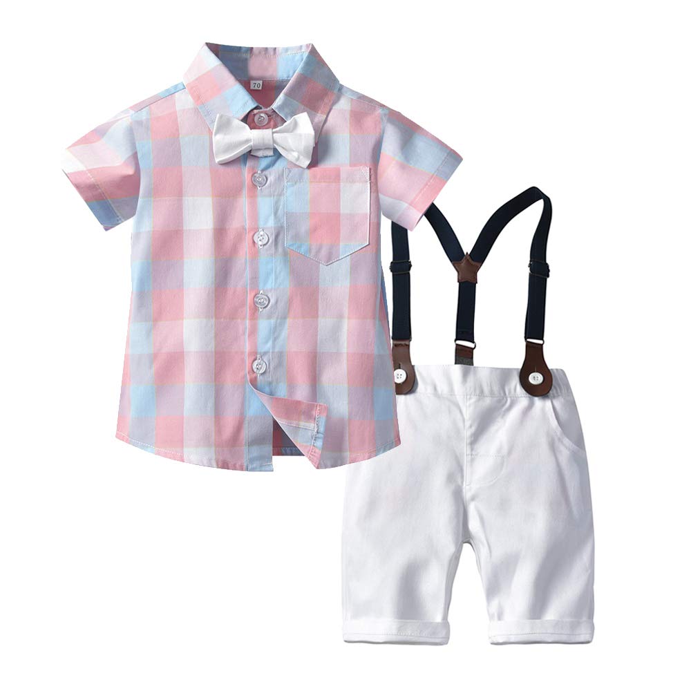 Moyikiss Studio Baby Boys Gentleman Outfit Suits, Infant Boys Short Pants Set, Short Sleeve Shirt+Suspender Pants+Bow Tie (Pink, 120/5Years)