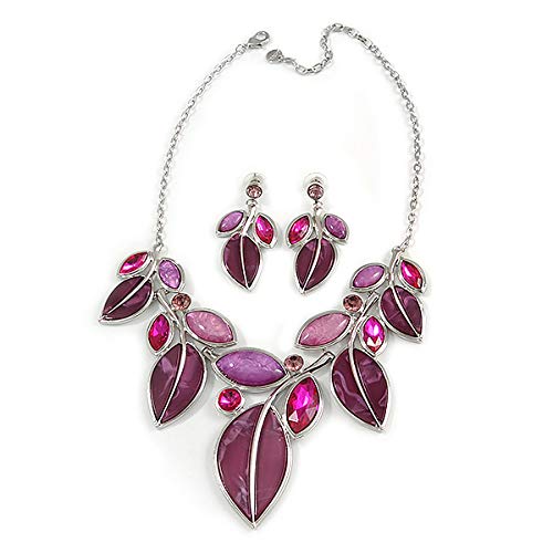 Avalaya Statement Purple/Magenta Glass, Crystal Leaf Necklace and Drop Earrings In Rhodium Plating - 40cm L/ 8cm Ext