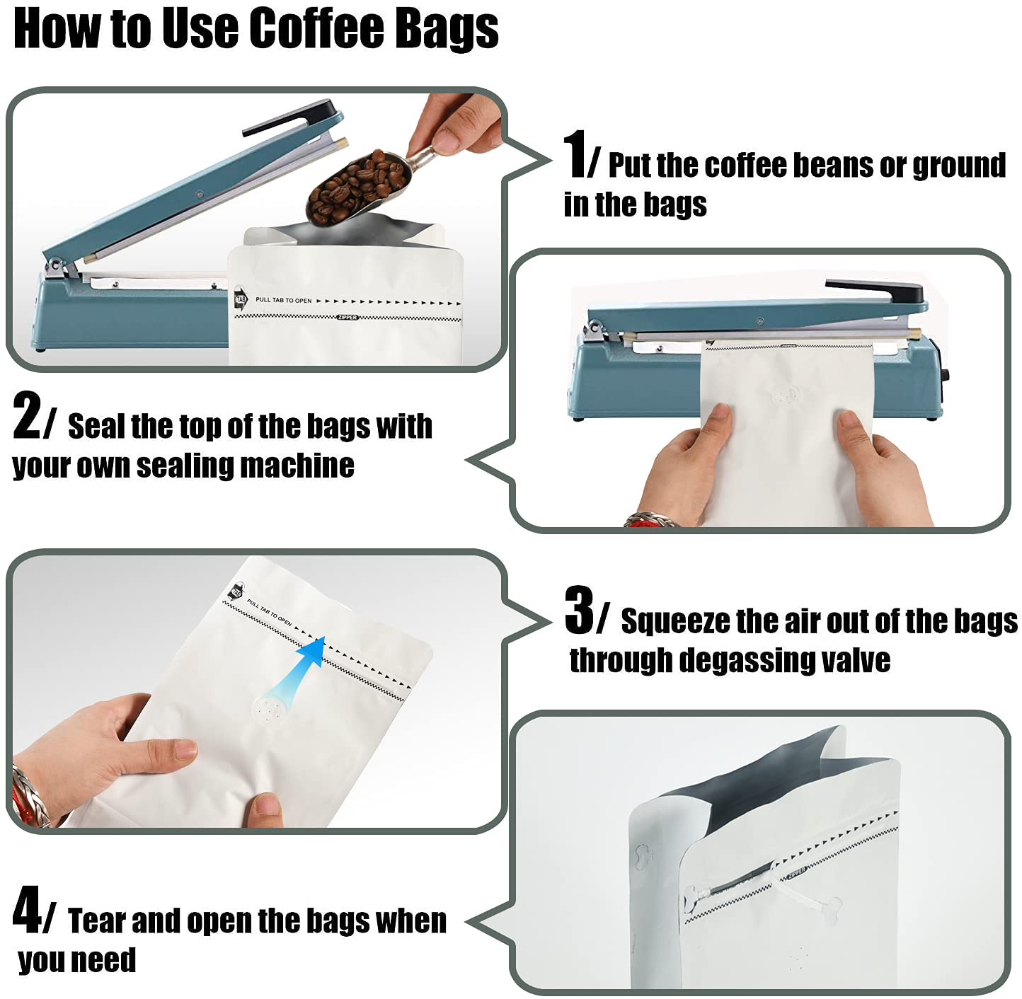 50 Count 8 Ounce Matt White Aluminum Foil Coffee Bags, Stand Up/Flat Bottom Side Gusset Coffee Pouches with Air Release Valve and Reusable Side Zipper (50, 8OZ, 0.5LB, 250G)