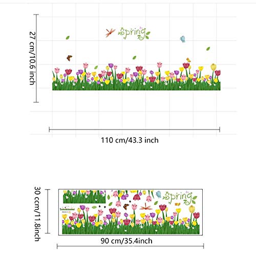 Spring Tulip Wall Decals Flower Grass Wall Stickers Removable DIY Peel and Stick Art Murals for Classroom Bedroom Girls Room Living Room Hallway Kitchen Bathroom Home Decor (Tulip)