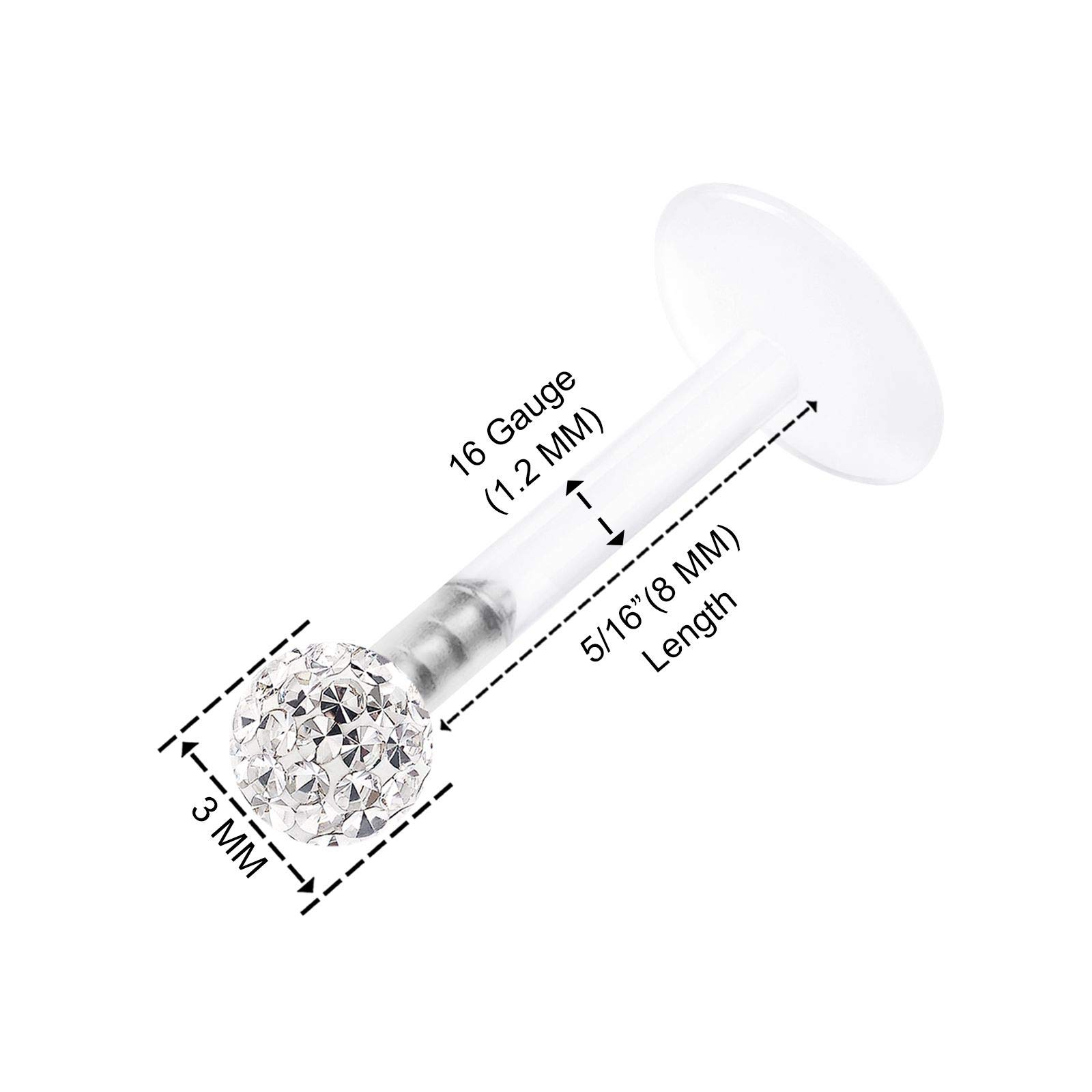 2PCS Bioflex Push In Clear Lip Ring Studs 16 Gauge 5/16 8mm Crystal Ball Cartilage Lobe Earrings Monroe Piercing Jewelry 2875