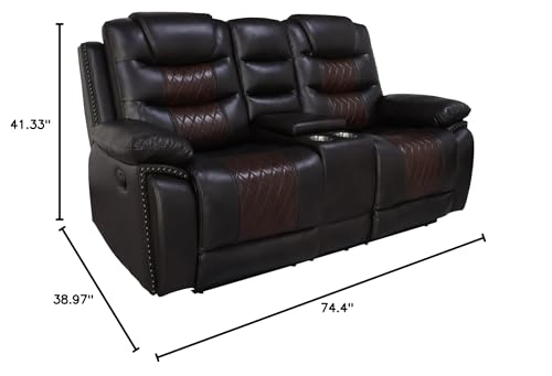 New Classic Furniture Nikko Faux Leather Manual Console Loveseat with Dual Recliners, Brown