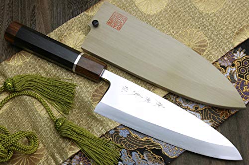 Yoshihiro Mizu Yaki Ginsanko Mirror-Finished High Carbon Stain Resistant Deba Fish Fillet Knife Ebony Handle with Silver Ring (7'' (180mm))
