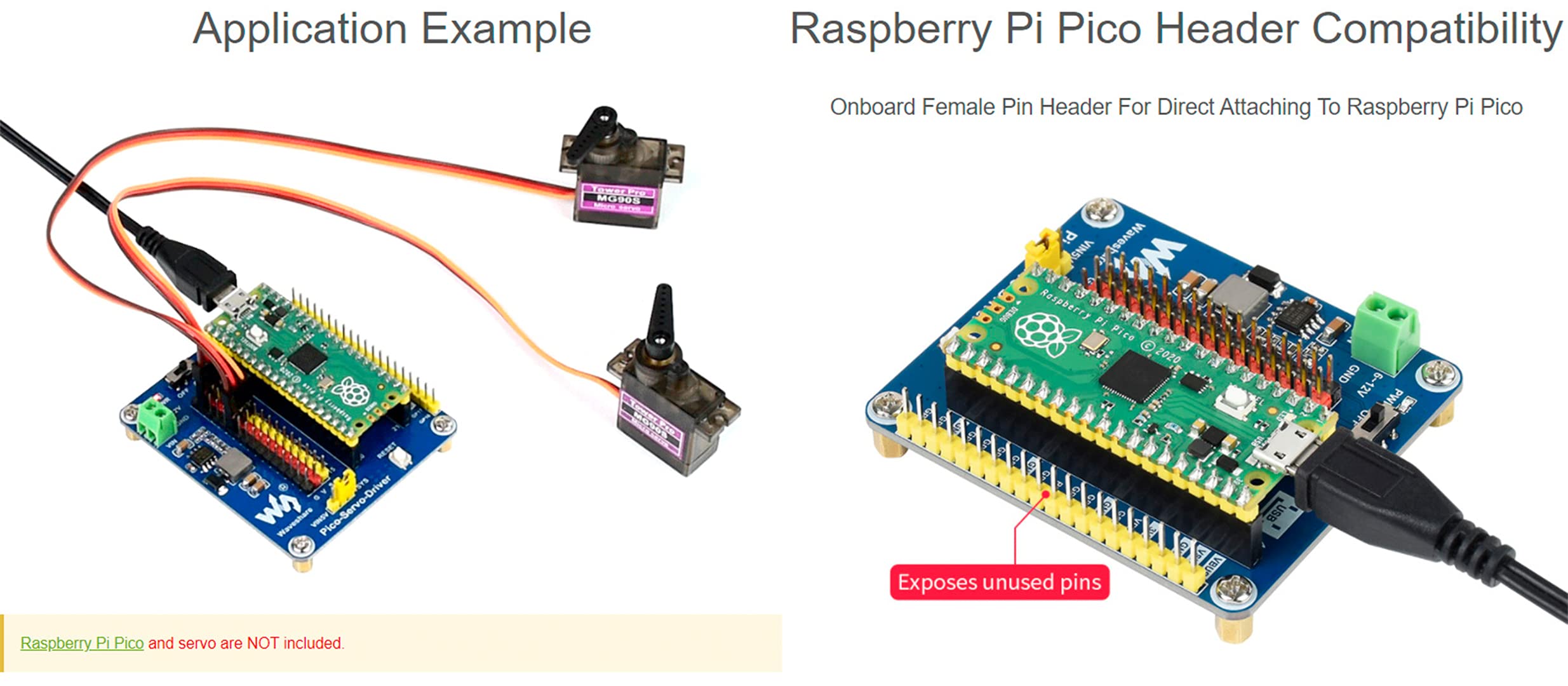 Servo Driver Module for Raspberry Pi Pico, Up to 16-Channel Servo/PWM Outputs, 16-bit Resolution for Each Channel,Onboard Standard Servo Interface to SG90/MG90S/MG996R,etc.