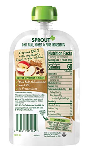 Sprout Organic Stage 2 Baby Food Pouches, Apple Oatmeal Raisin with Cinnamon, 3.5 Ounce (Pack of 6)