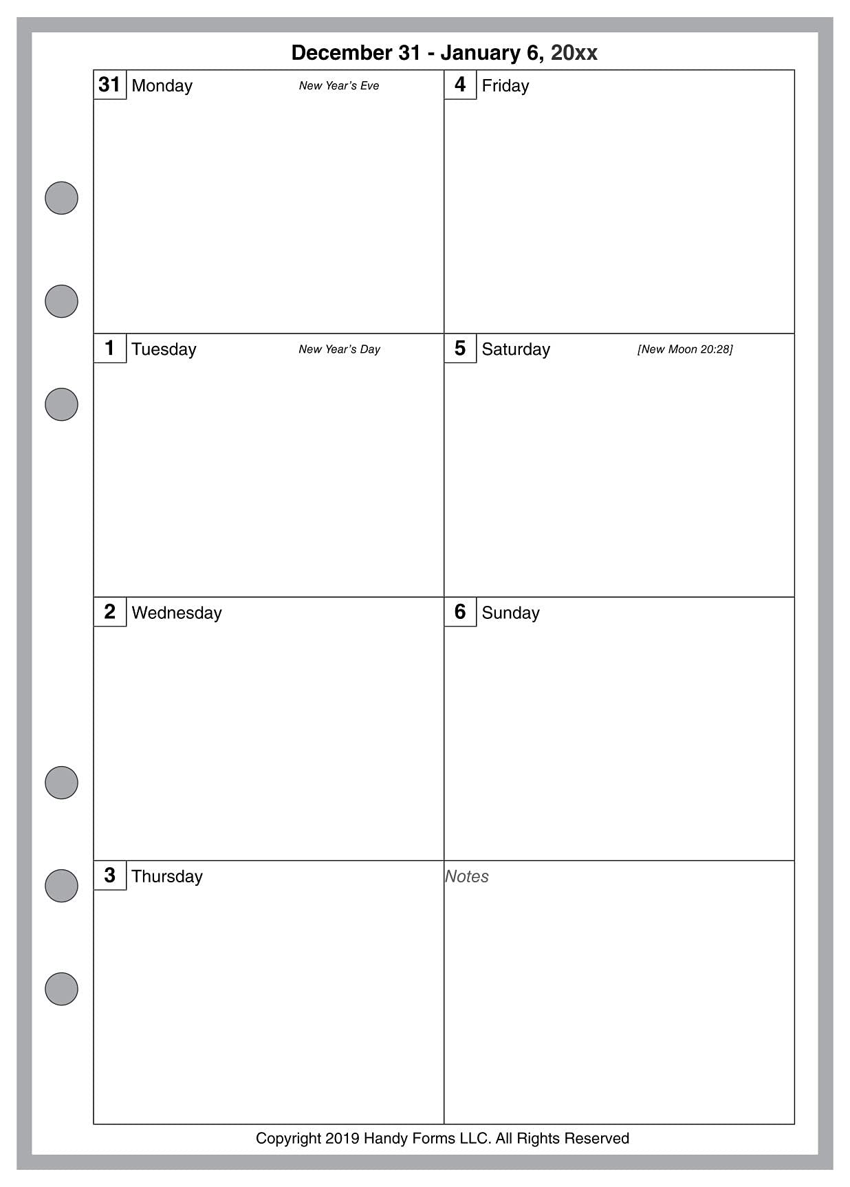 2022 Weekly Planner for A5 Size notebooks by FiloFax, Kikki-K, and Others. 1 Page Per Week, Week Starts on Monday. Style D, no Lines.