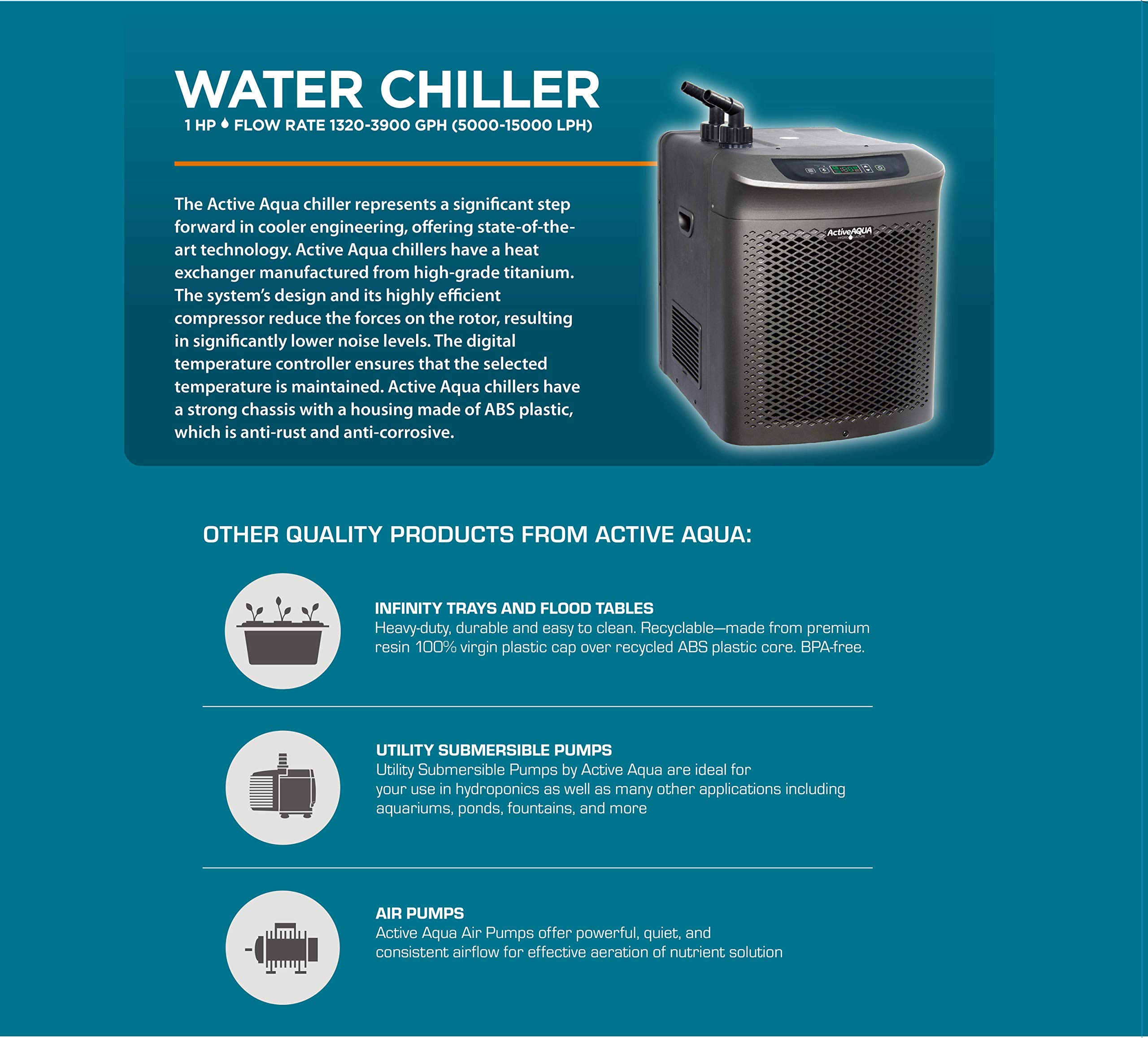 Active Aqua AACH100HP Hydroponic Water Chiller Cooling System, 1 HP, Rated per hour:10,050 BTU, User-Friendly