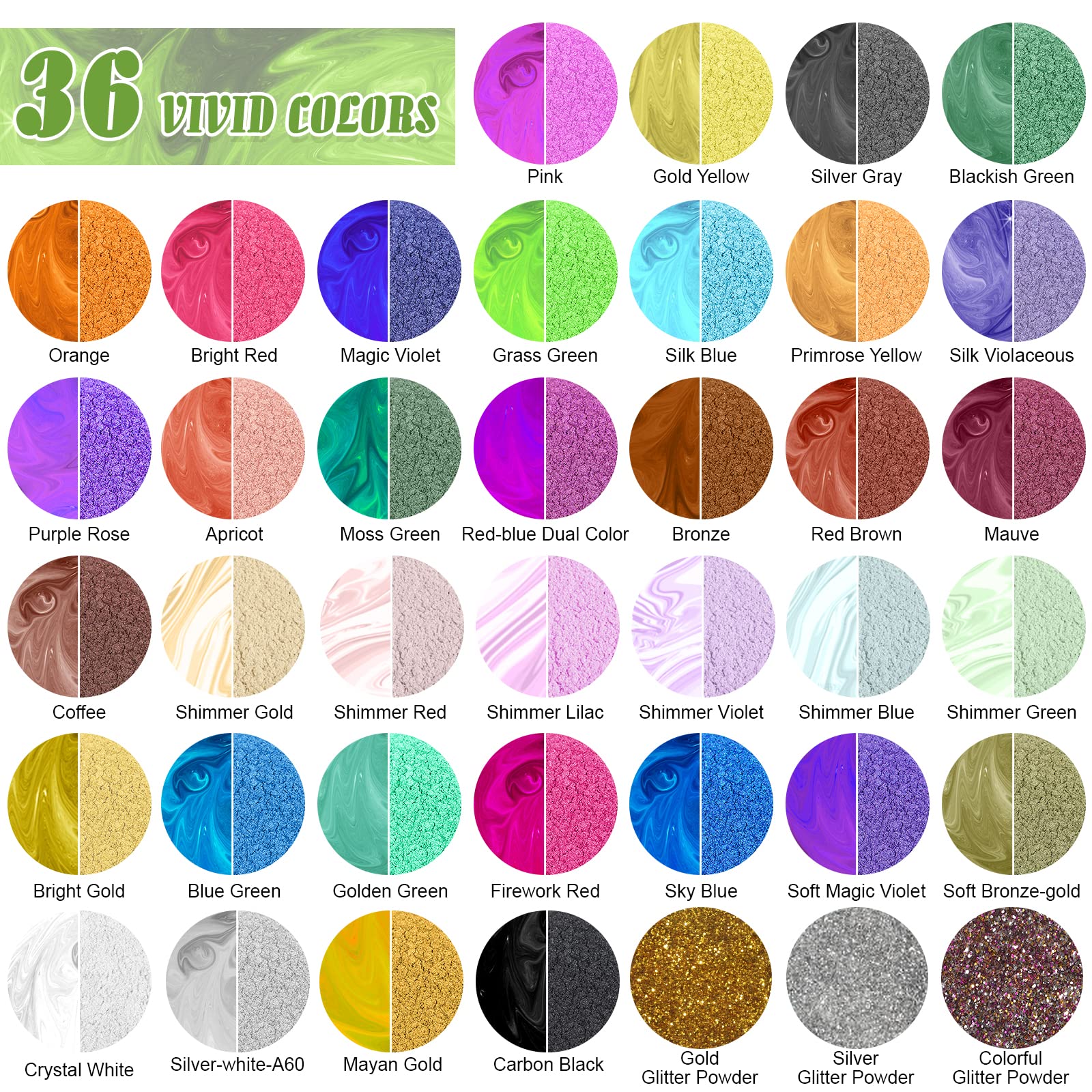 CHANGTIKEJI Mica Powder,36 Colors - 10g/Bottle of Natural Pigment Powder for Epoxy Resin,Soap Making,Candle Making,Lip Gloss,Car Freshies,Dye,Nail Polish,Bath Bombs