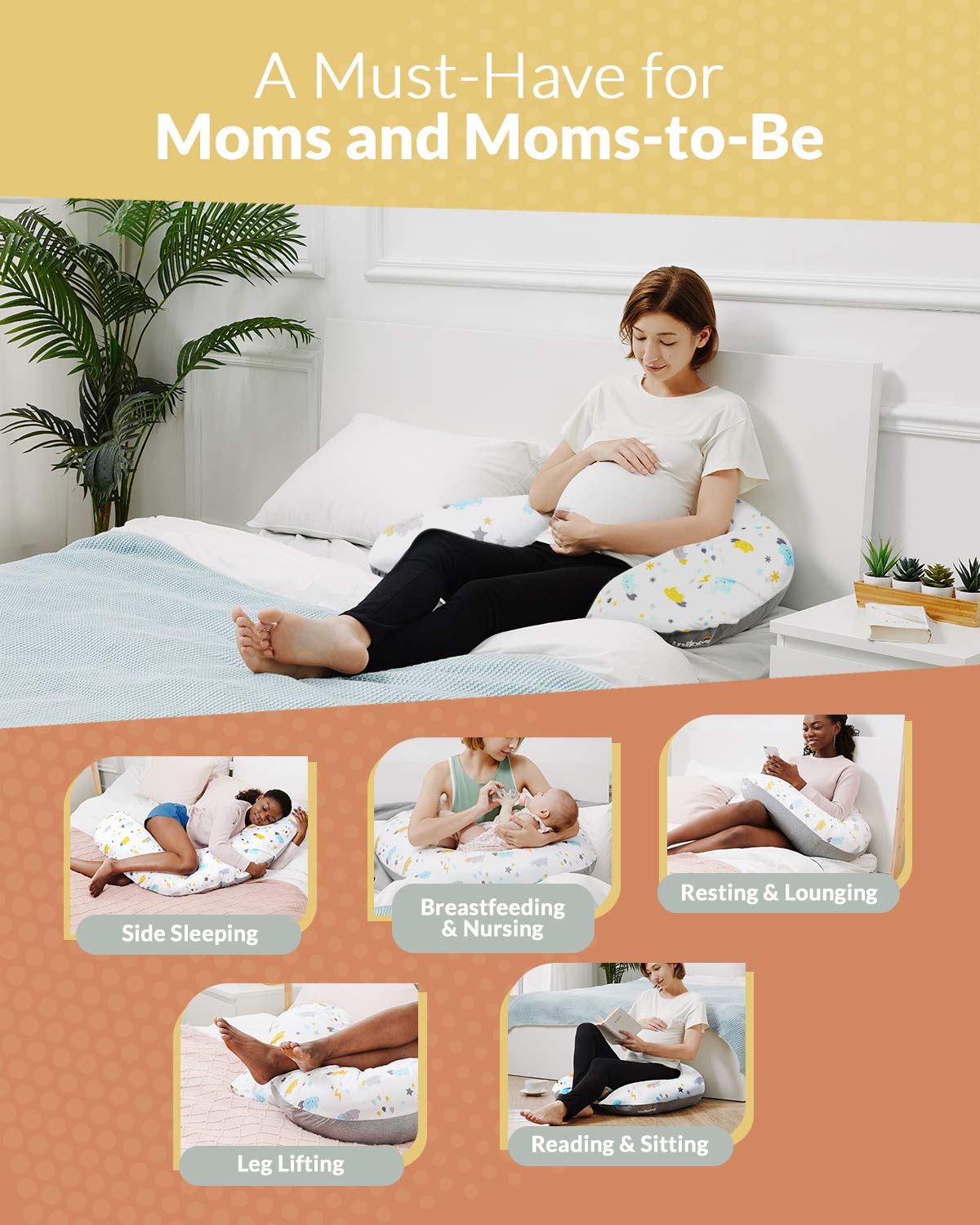 Unilove Hopo 7-in-1 Pregnancy & Nursing Pillow - Pregnancy Pillows for Sleeping - Pregnant mom Gift Essentials for Breastfeeding, Side Sleeping - 2 Washable Covers, Weather Icon