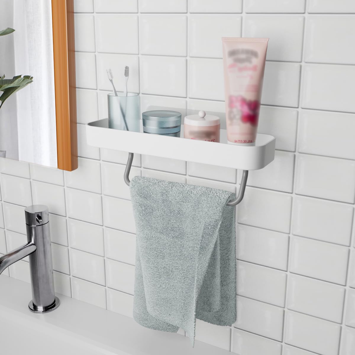 Cetomo Plastic Wall Mounted Shower Caddy, Shelf Organizer with Detachable Towel Rack for Bathroom Bathtub Sink Kitchen Washbasin, No Drilling Adhesive, White