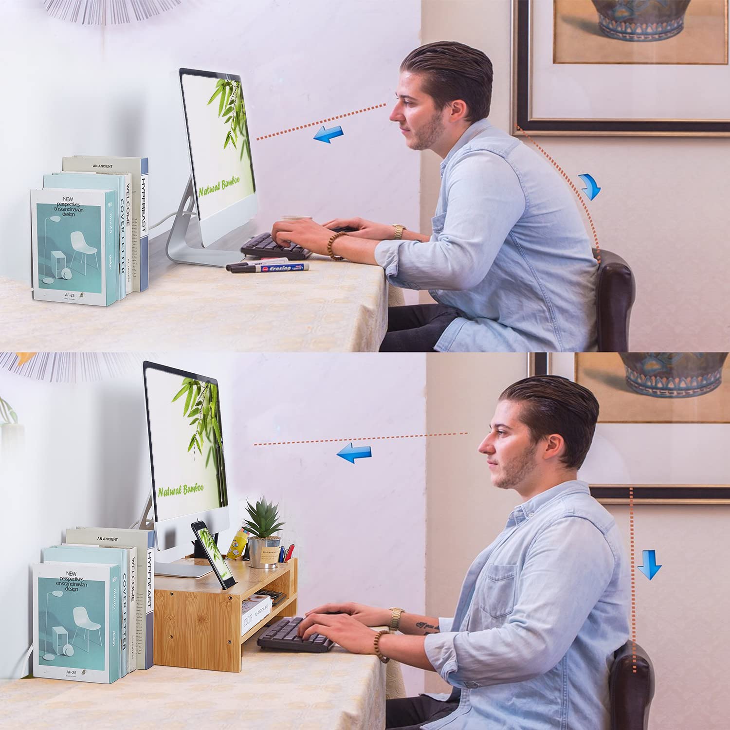 NXN-HOME 2-Tier Bamboo Monitor Stand | Wood Desk Organizers and Accessories | Laptop Computer Monitor Riser with Adjustable Storage Accessories