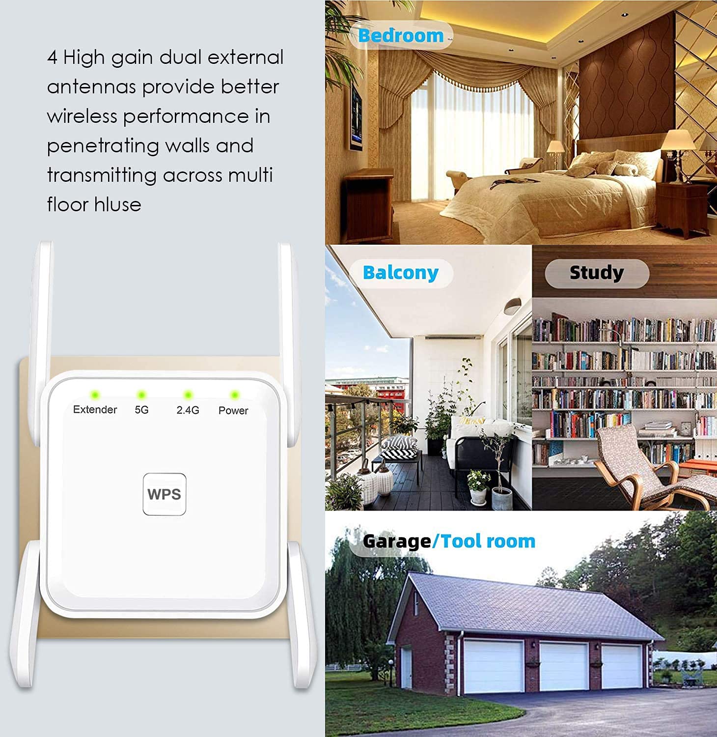 WiFi Range Extender - 1200Mbps WiFi Range Extender Wireless Signal Repeater Booster, Dual Band 2.4G and 5G Expander, 4 Antennas 360° Full Coverage, Extend WiFi Signal to Smart Home Devices