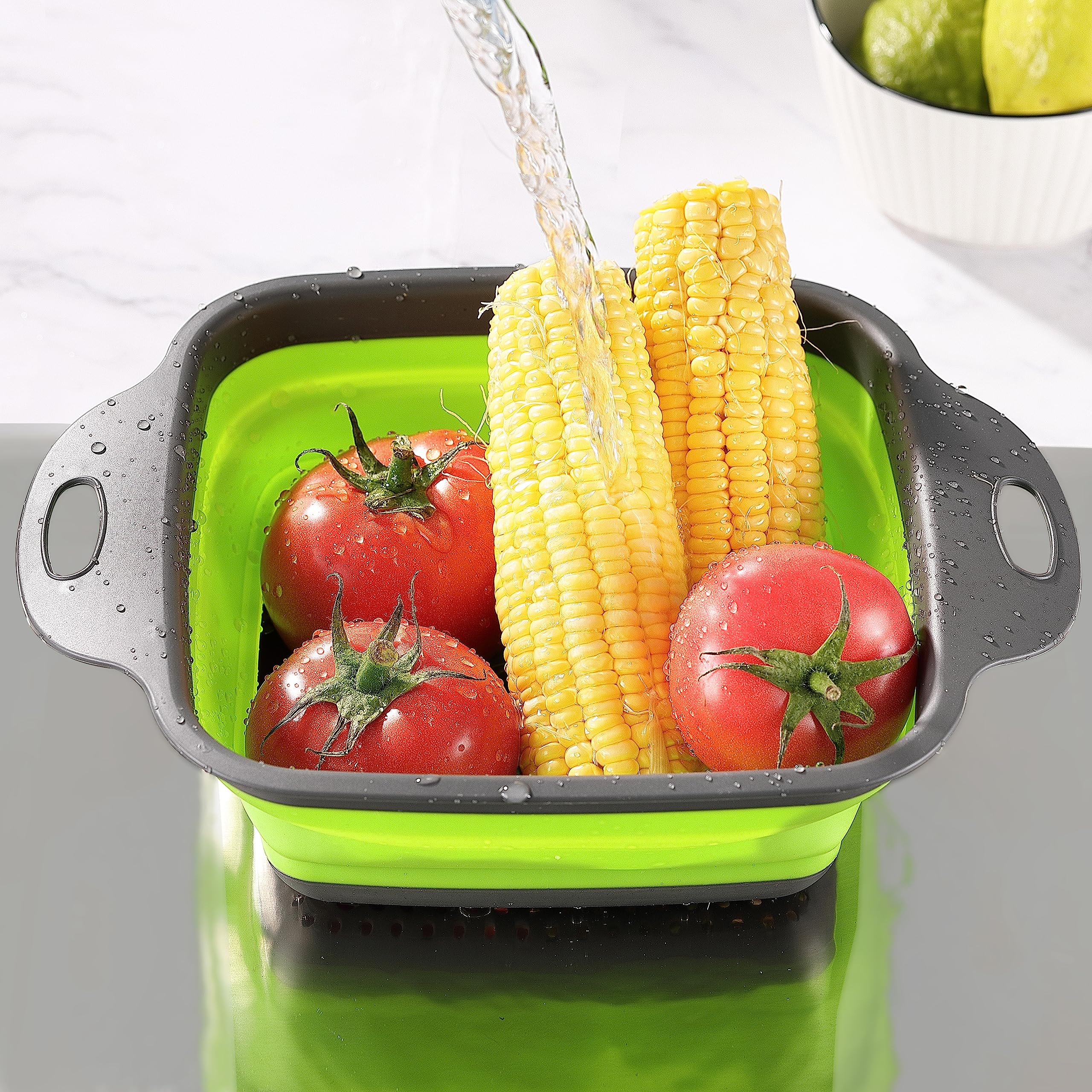 2PCS Collapsible Strainer, JJOO Silicone Collapsible Colander, 11.5 inch Square Silicone Colander and 9.5inch Square Silicone Colander, Vegetable and Fruit Colander, Kitchen Food Strainers (Green)