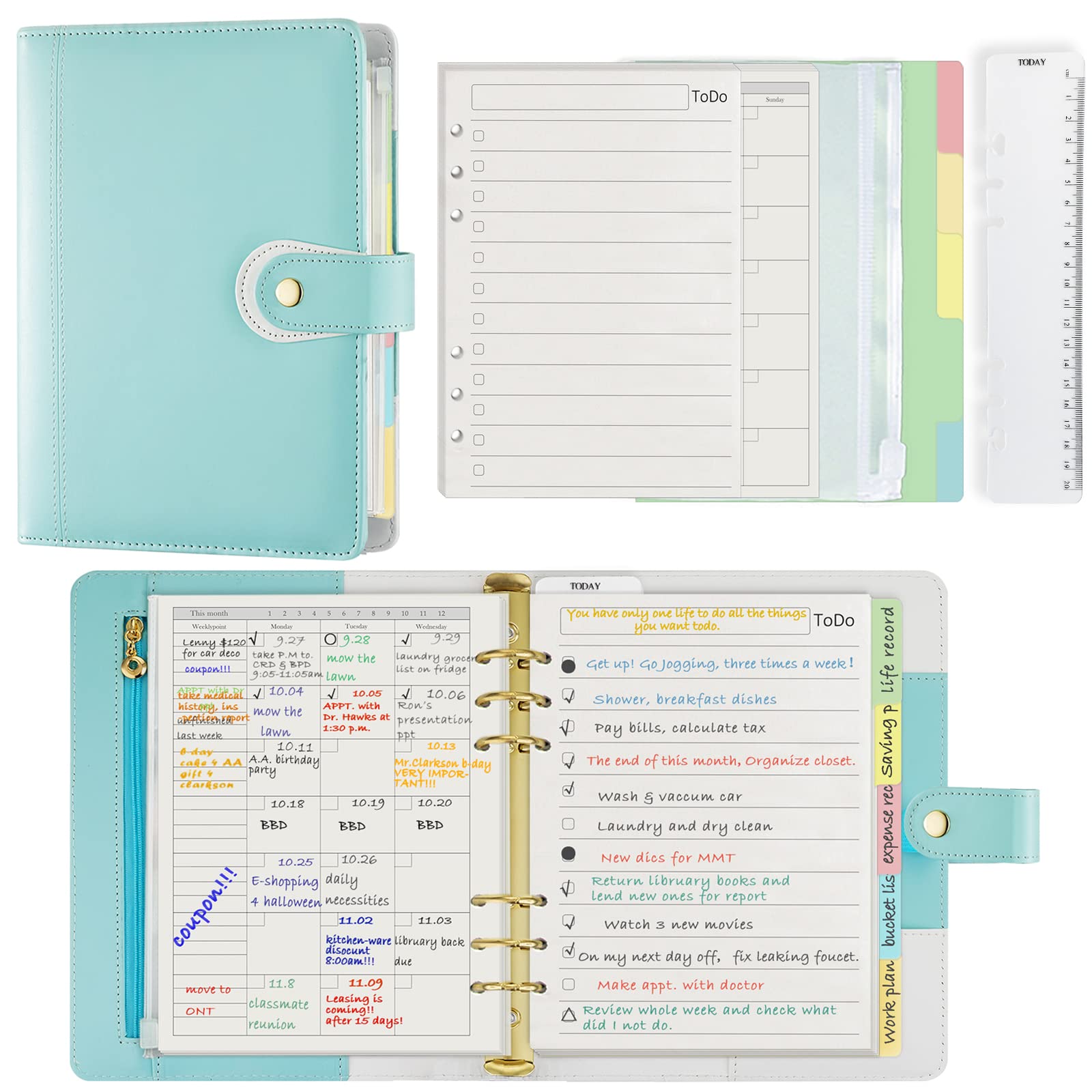A5 6-Ring Planner kit with Planner Refill Inserts, Cash Pockets, Matched Labels, Christmas Gift Kit with Gift Box,Card and Pen 9.25 x 7.08'' (Harphia, 142B-Mint)