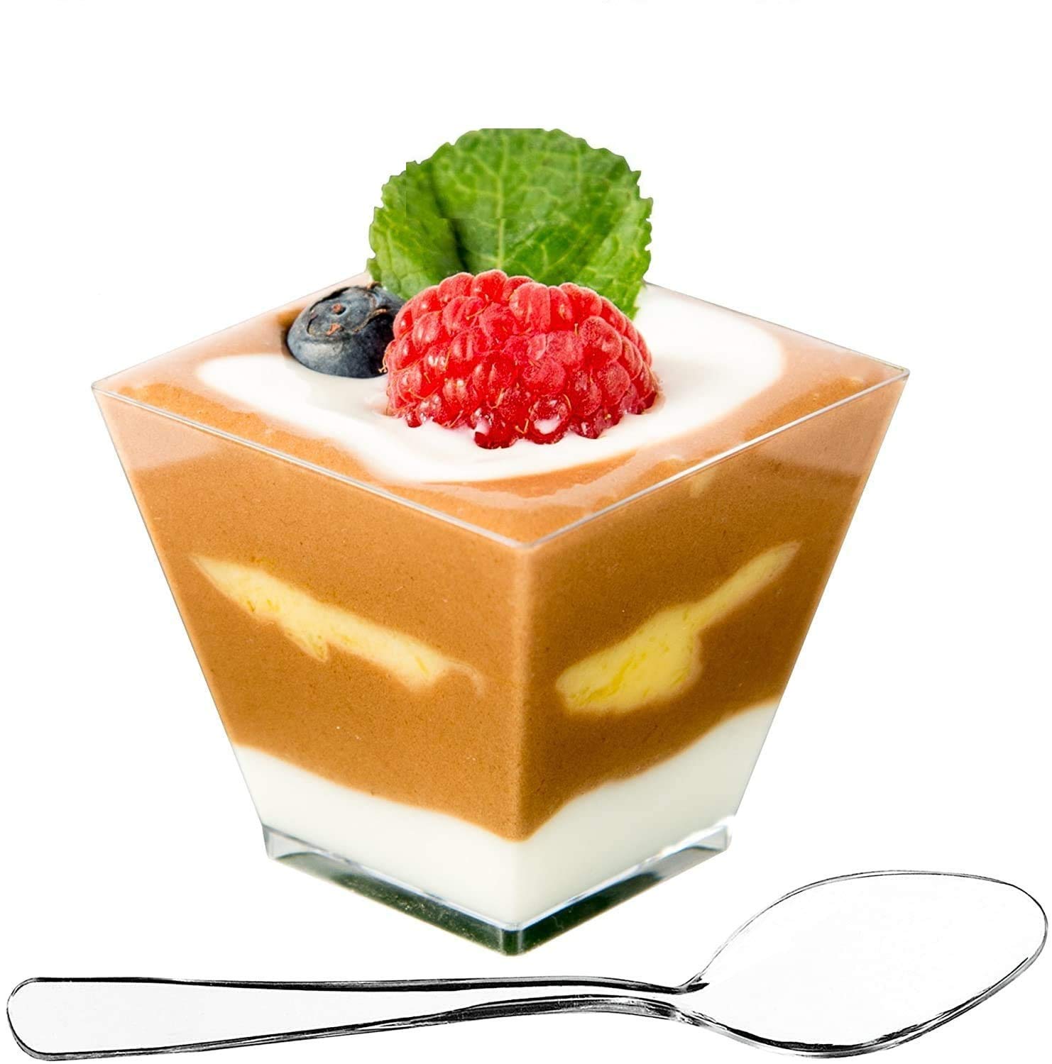 DLux 100 x 2 oz Mini Dessert Cups with Spoons, Square Short - Clear Plastic Parfait Appetizer Cup - Small Reusable Serving Bowl for Tasting Party Desserts Appetizers - With Recipe Ebook