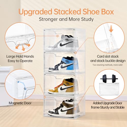 Amllas 8 Pack Shoe Boxes Clear Plastic Stackable, Large Shoe Storage Organizer with Lids,Drop Side Shoe Containers for Entryway,Sneaker Storage Fit up to US Size 13 for Men/Women(13ββx 10.6βx 8.3β)
