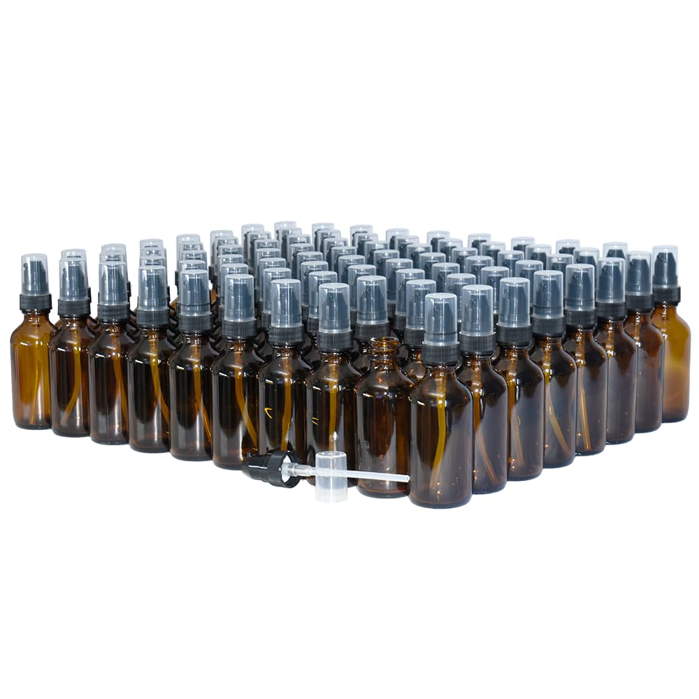 GlassBottleOutlet (Pack of 80) 2 oz. Amber Boston Round with Black Treatment Pump