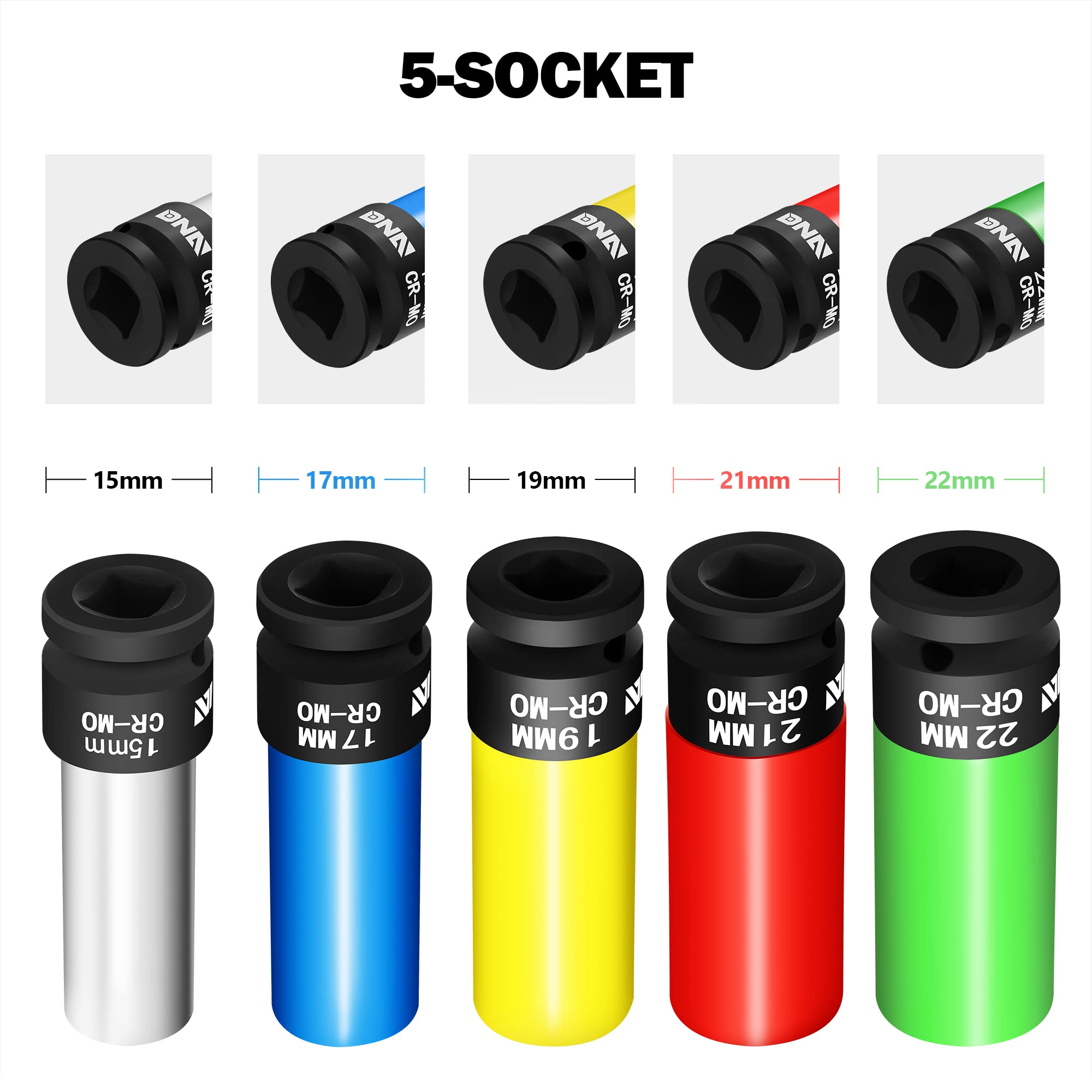 DNA MOTORING TOOLS-00156 5-Pieces 1/2-Inch Drive Wheel Protector Impact Deep Socket Set - 15mm 17mm 19mm 21mm 22mm, Cr-V, White,blue,red,yellow,green