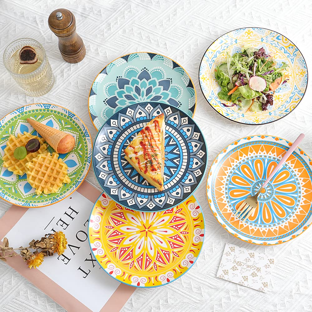 AHX Plate Set 8 Inch - Salad Plates | Dessert Appetizer Plates Colorful - Porcelain Lunch Plates - Set of 6 - Dishwasher and Microwave Safe