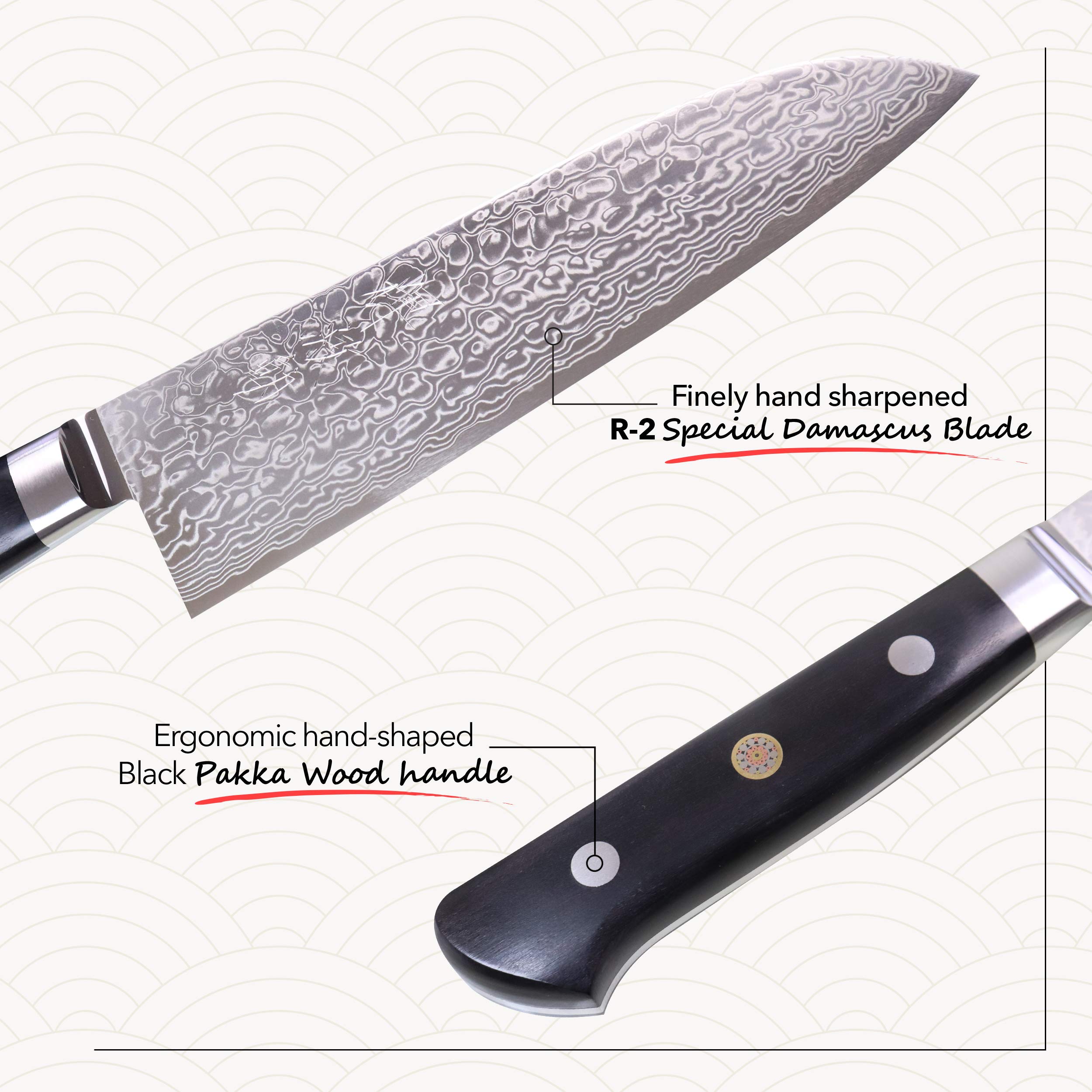 JCK ORIGINAL Kagayaki Japanese Chef’s Knife, KGRP-2 Professional Santoku Knife, Polished Patterned Damascus Stainless Steel with Ergonomic Black Pakka Wood Handle, 6.8 inch