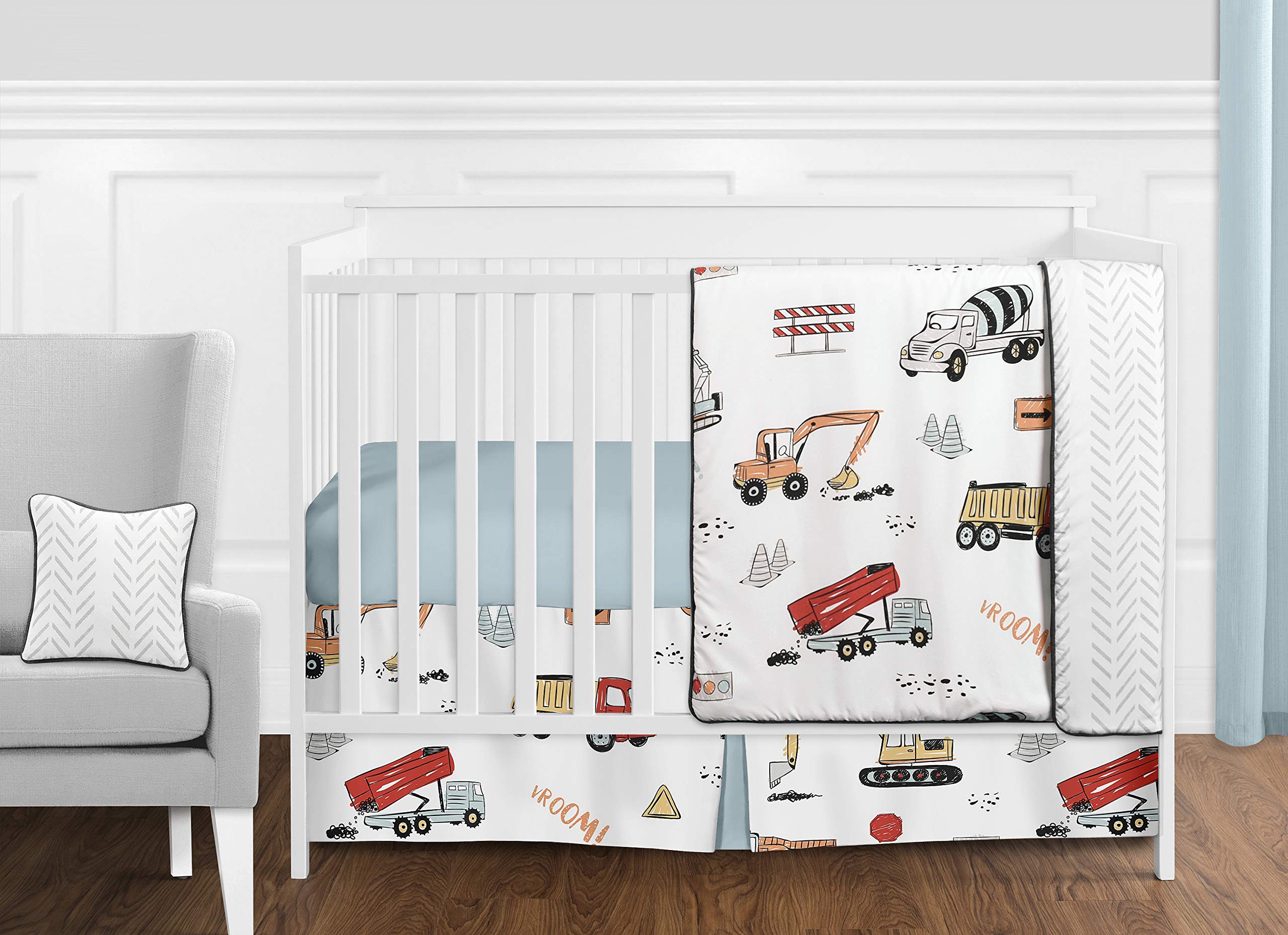 Sweet Jojo Designs Construction Truck Baby Boy Nursery Crib Bedding Set - 11 Pieces - Grey Yellow Orange Red and Blue Transportation Chevron Arrow