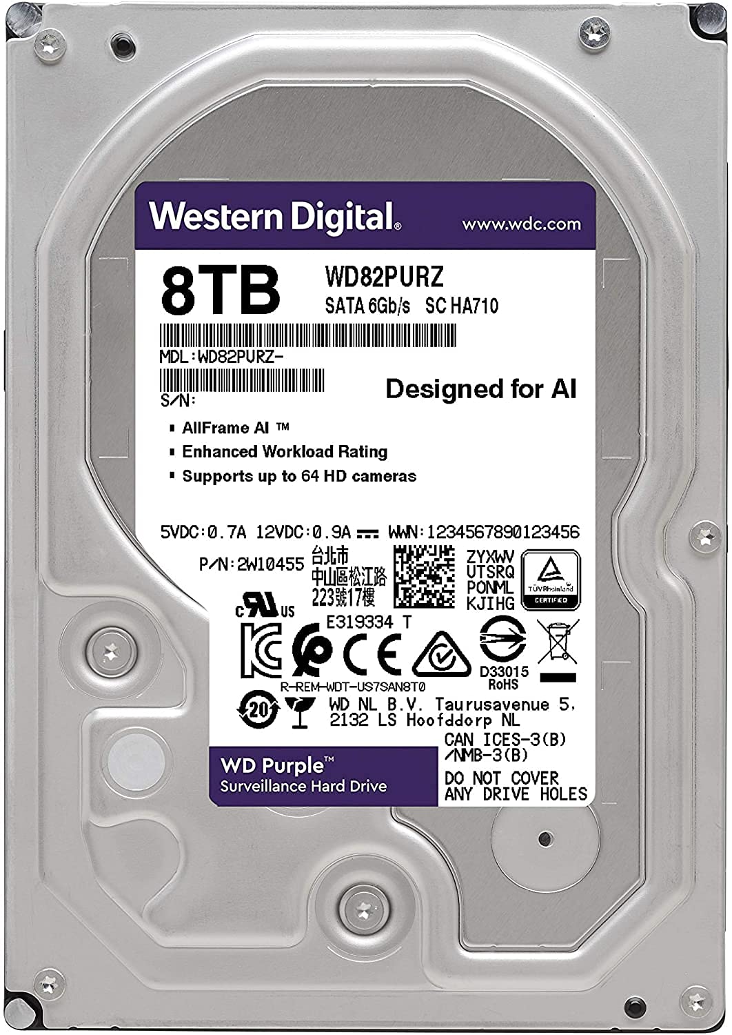 Western Digital - WD 8TB Purple Surveillance Internal Hard Drive - 7200 RPM Class, SATA 6 Gb/s, 256MB Cache, 3.5", Crypto Chia Mining - WD82PURZ - BROAGE HDMI Cable, Solid State Drive