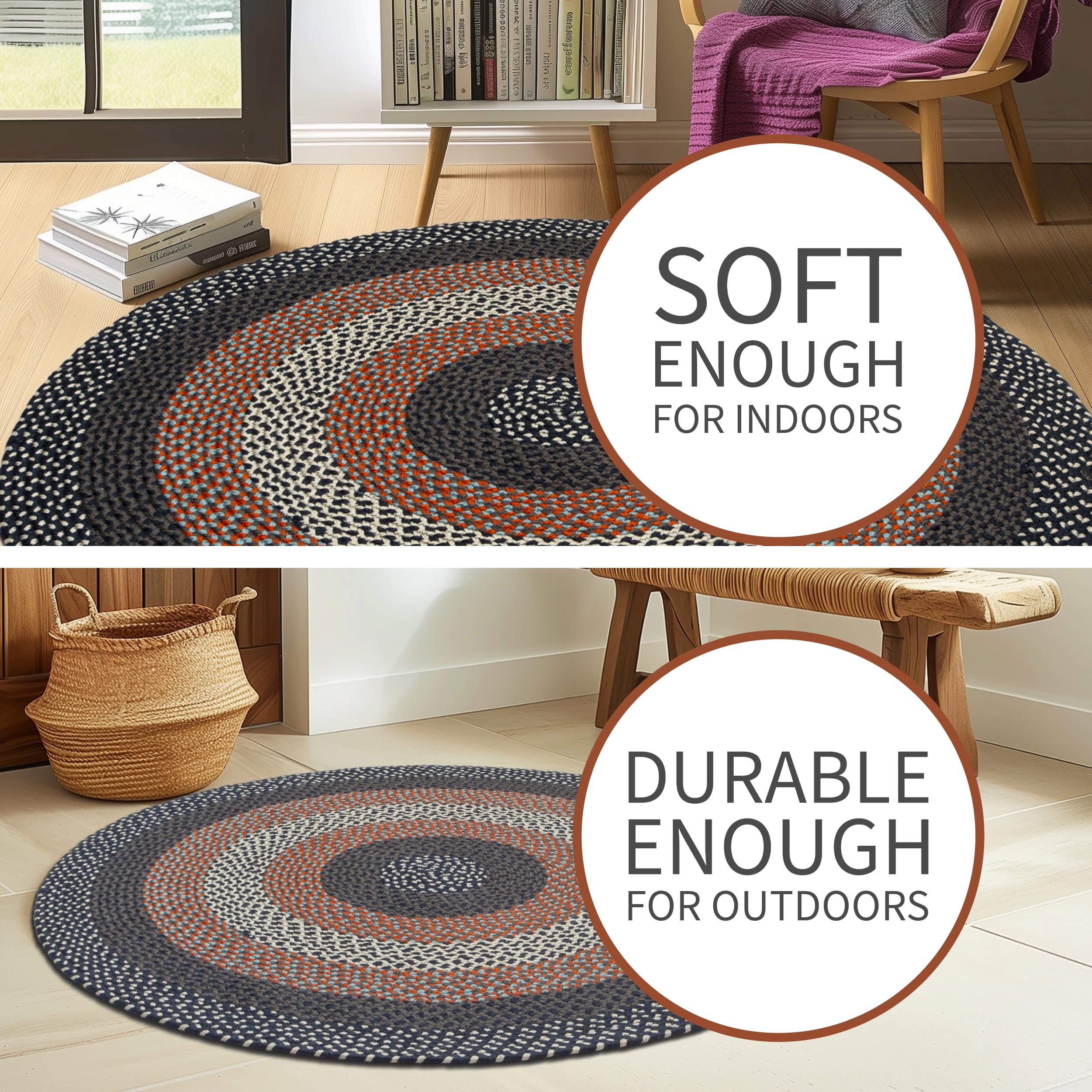 Super Area Rugs Rustic Red/White/Blue Braided Rug for Entryway/Foyer, Washable Navy Indoor Outdoor Braided Rug for Patio/Porch 3' x 5' Oval