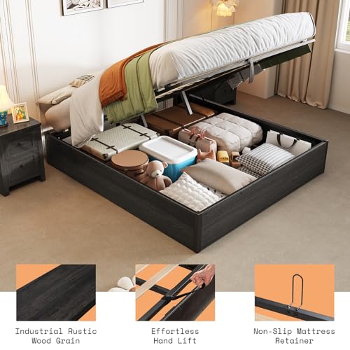 AMERLIFE Lift Up Storage Bed, Queen Bed Frame with Storage Underneath, Wooden Platform Bed Frame, Solid Wood Slats Support, No Fixed Headboard, No Box Spring Needed, Dark Oak