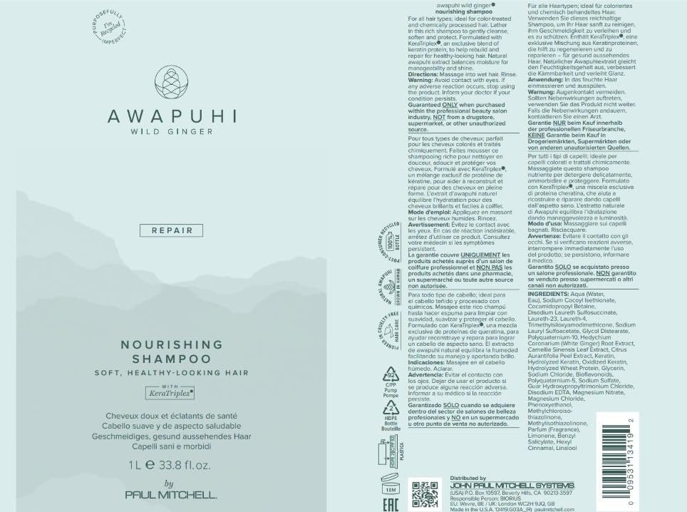 Awapuhi Wild Ginger by Paul Mitchell Nourishing Shampoo, Ultra Rich, Color-Safe Formula, For Dry, Damaged + Color-Treated Hair, 33.8 fl. oz.