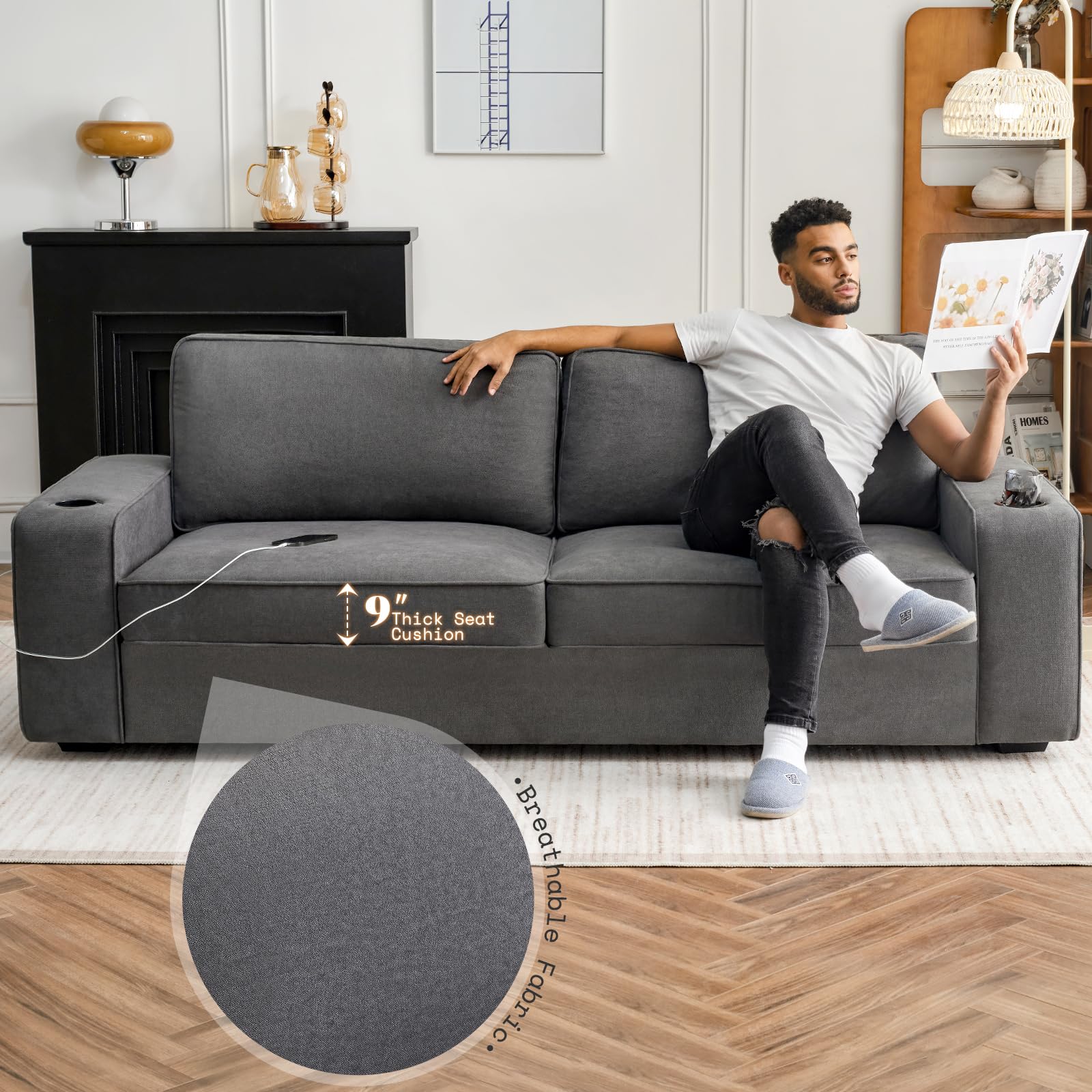 AMERLIFE 89 inch Couch, 3-Seater Sofa Couch- Deep Seat Sofa with 2 USB Charging Ports & 2 Cup Holders, Modern Sofas for Living Room, Charcoal Grey Chenille