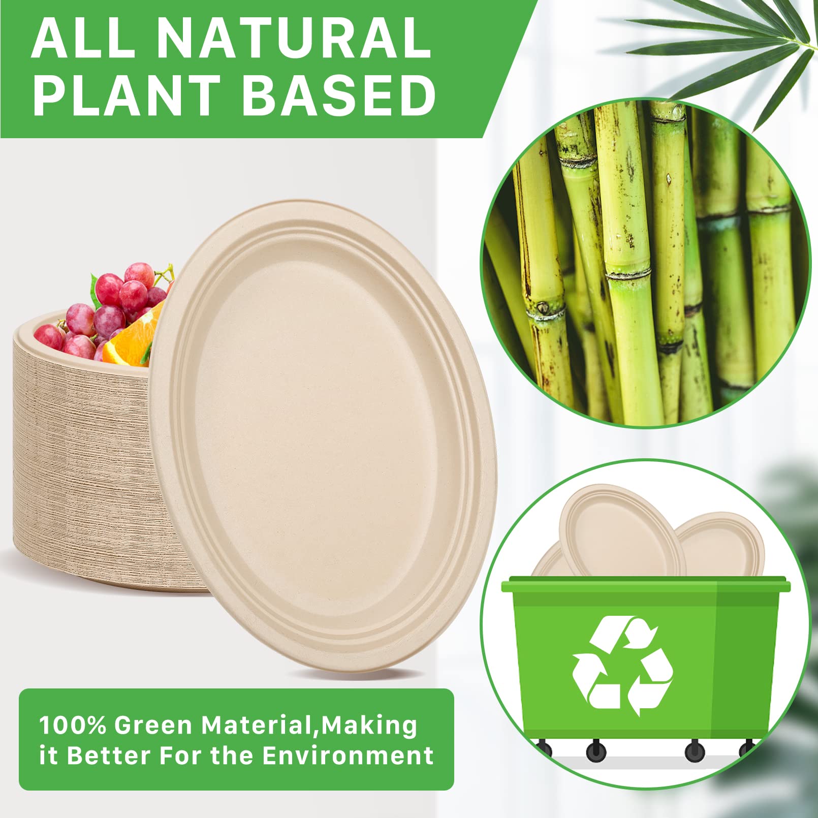 50 Pack Oval Paper Plates,100% Compostable Paper Plates,12 inch Paper Plates Heavy Duty,Disposable Paper Plates,Natural Bagasse Unbleached Eco-Friendly Sugarcane Plates for BBQ Party Picnic Gathering