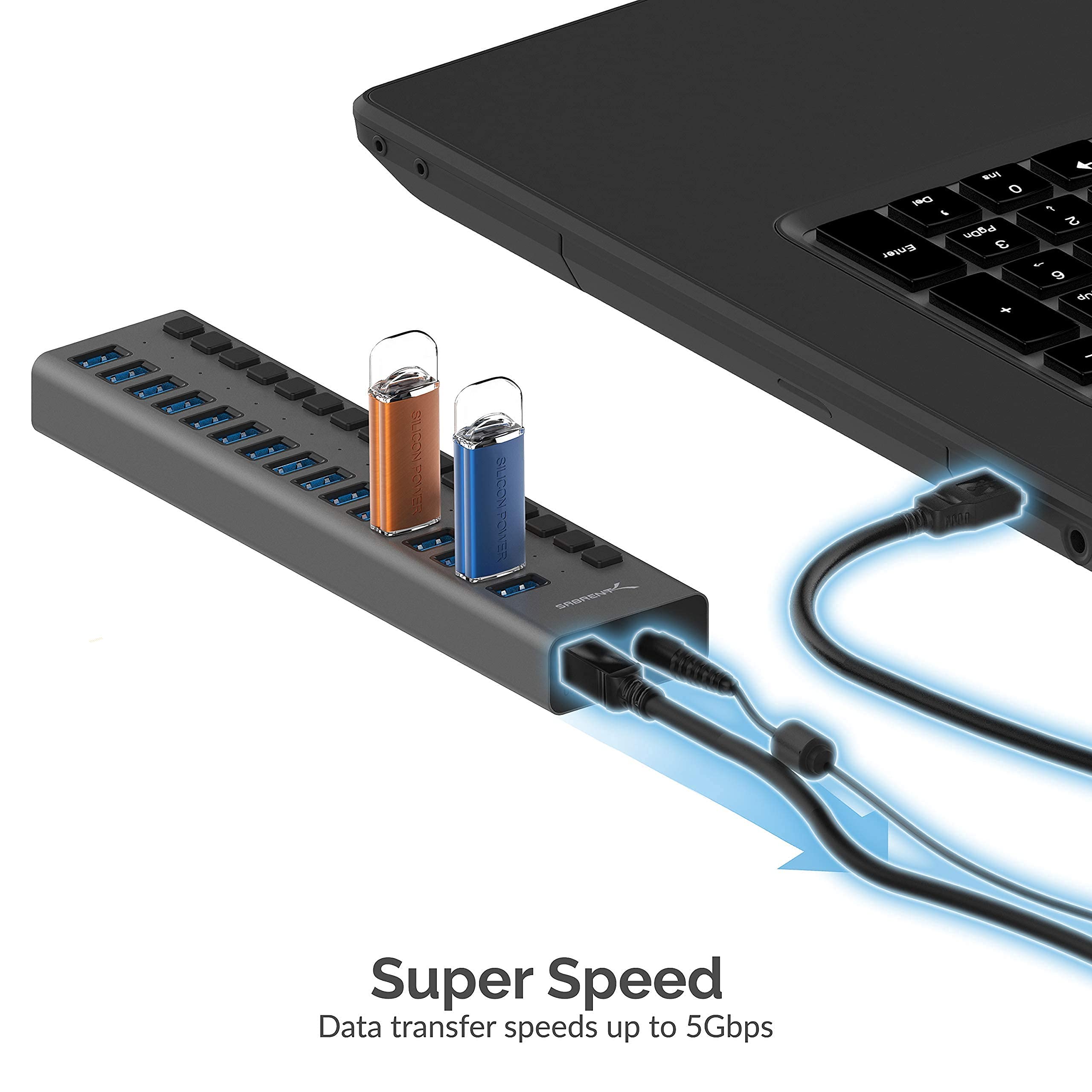 Sabrent 16-Port USB 3.0 Data HUB and Charger with Individual switches + 22AWG 3 Feet USB 3.0 Extension Cable