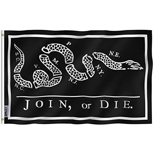 ANLEY Fly Breeze 3x5 Foot Black Join Or Die Flag - Vivid Color and Fade Proof - Canvas Header and Double Stitched - Rattlesnake Flags Polyester with Brass Grommets
