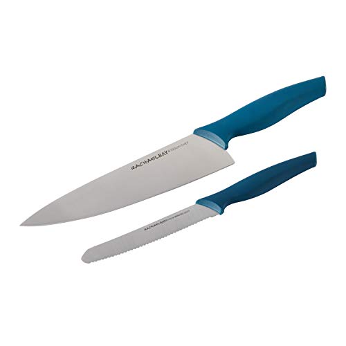 Rachael Ray Basics Japanese Stainless Steel Knife Set/ Cutlery / Chef and Utility Knives Set with Sheaths- 8 Inch Chef Knife and 5 Inch Serrated Utility Knife with Marine Blue Handles