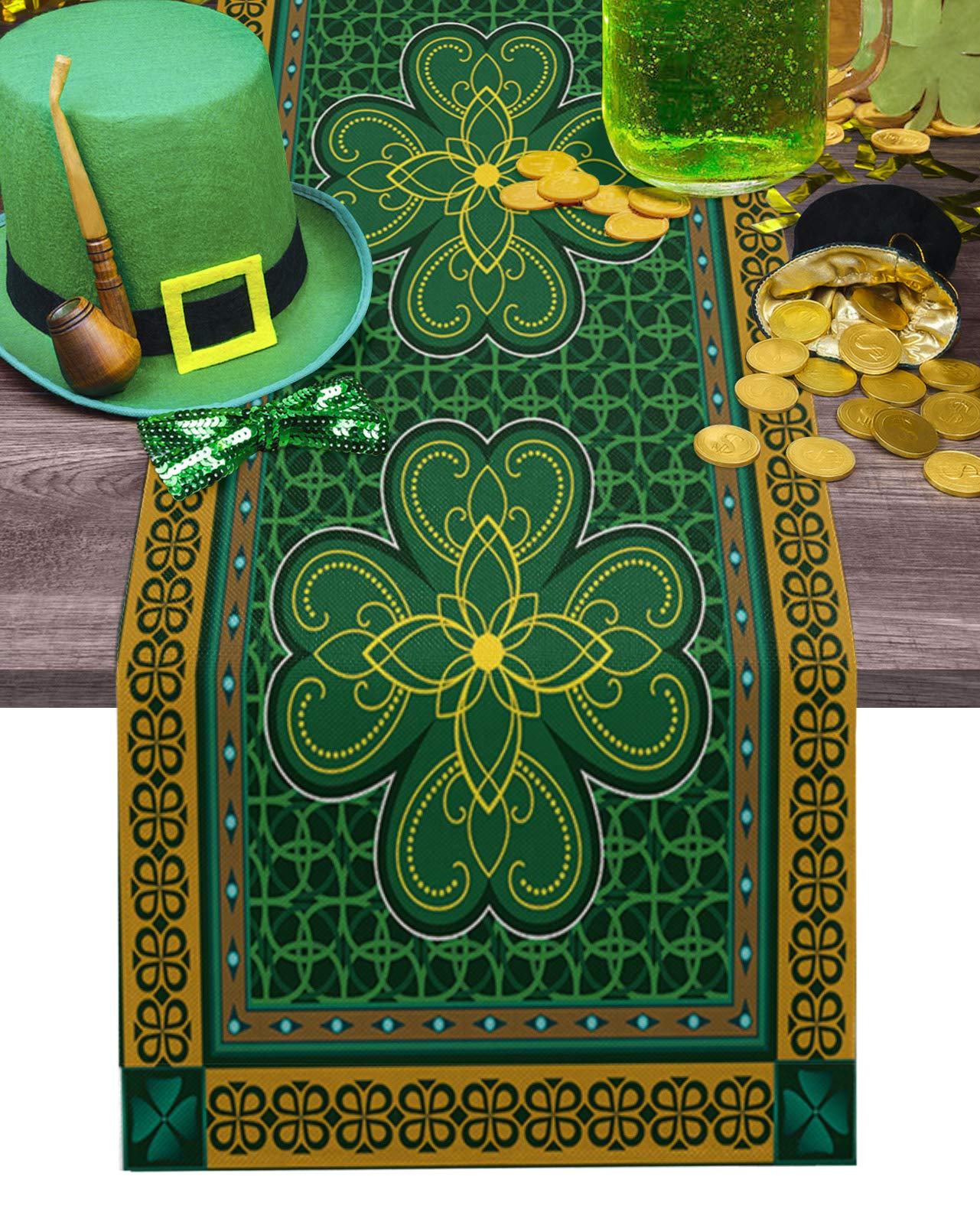 WAZZIT St. Patrick's Day Cotton Table Runner Decorative - Holiday Table Setting Decor Single Layer 13x70inch Traditional Shamrock Irish Decor Retro Geometric