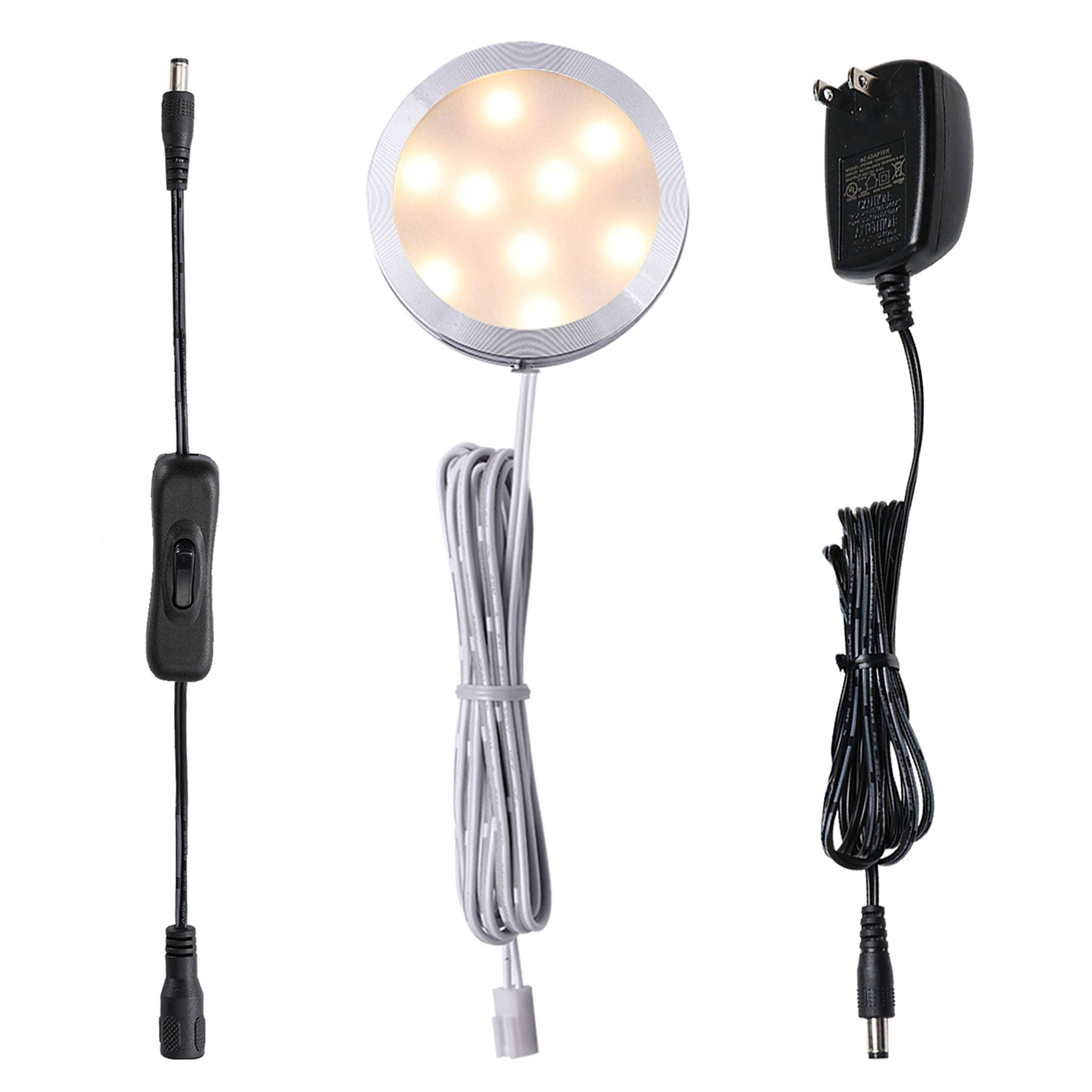 AIBOO 12V LED Under Cabinet Puck Lights Plug in, with Manual Switch, Single Puck LED Light for Closet,Counter,Showcase,12Vdc Low Voltage Wall Plug (Warm White)