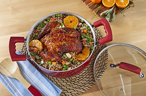 IMUSA USA 4.9Qt Ruby Red Nonstick Dutch Oven with Glass Lid and Soft Touch Handles, 5 Quarts