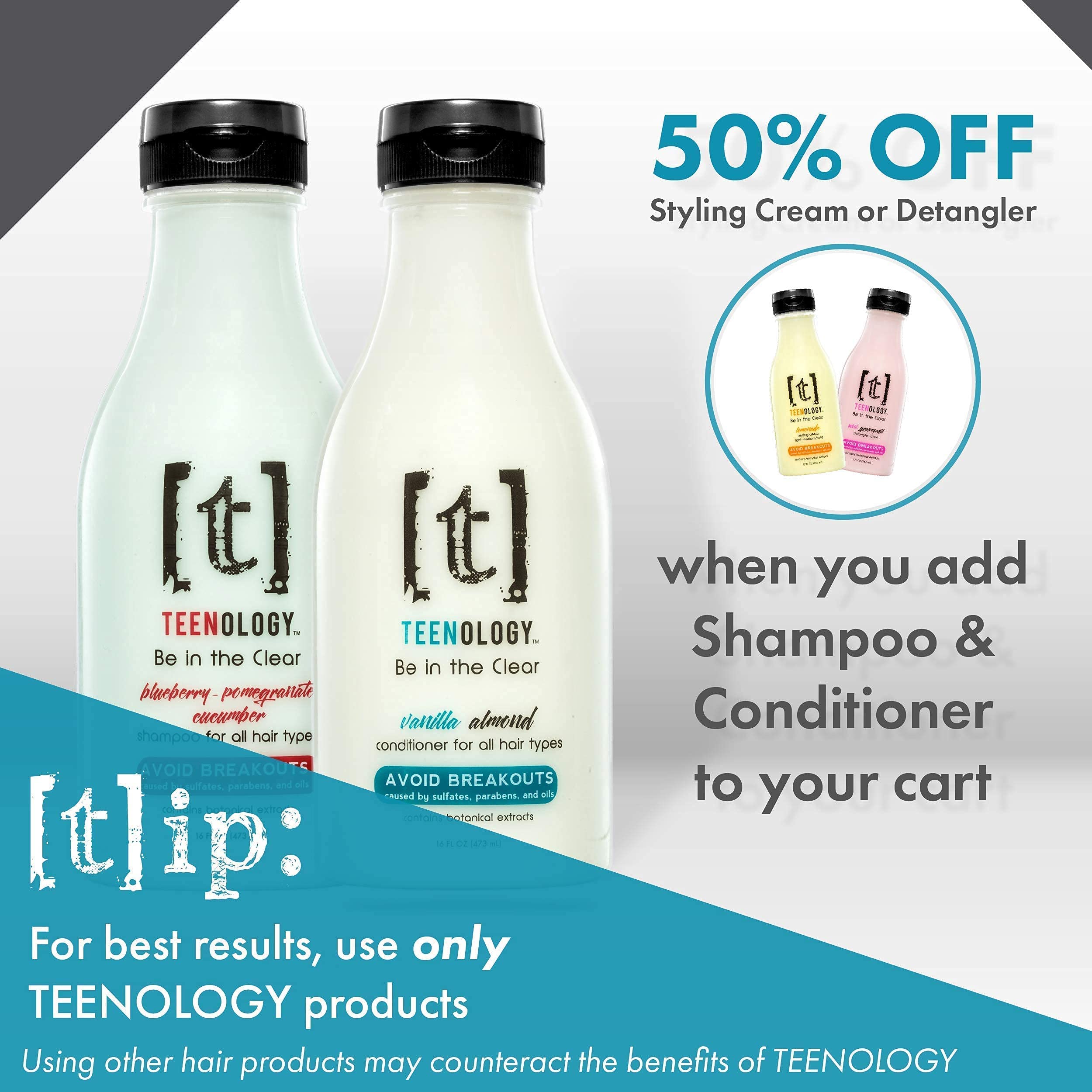 Teenology Shampoo and Conditioner Bundle (Save 5%) - Avoid Forehead Acne and Breakouts - Sulfate and Paraben Free, Noncomedogenic, Natural Botanical Extracts, Sweet Mint - 16 oz