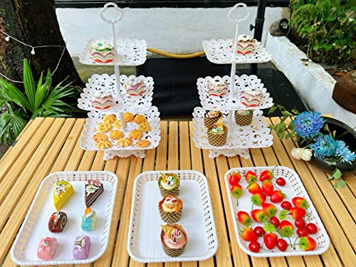 5 Pieces Dessert Stand Set Includes 2 Pack of 3-Tier Plastic Cupcake Stand & 3 Pack of Rectangle Serving Tray Reusable Platters Cupcake Holders for Wedding Baby Shower Tea Party Birthday Party