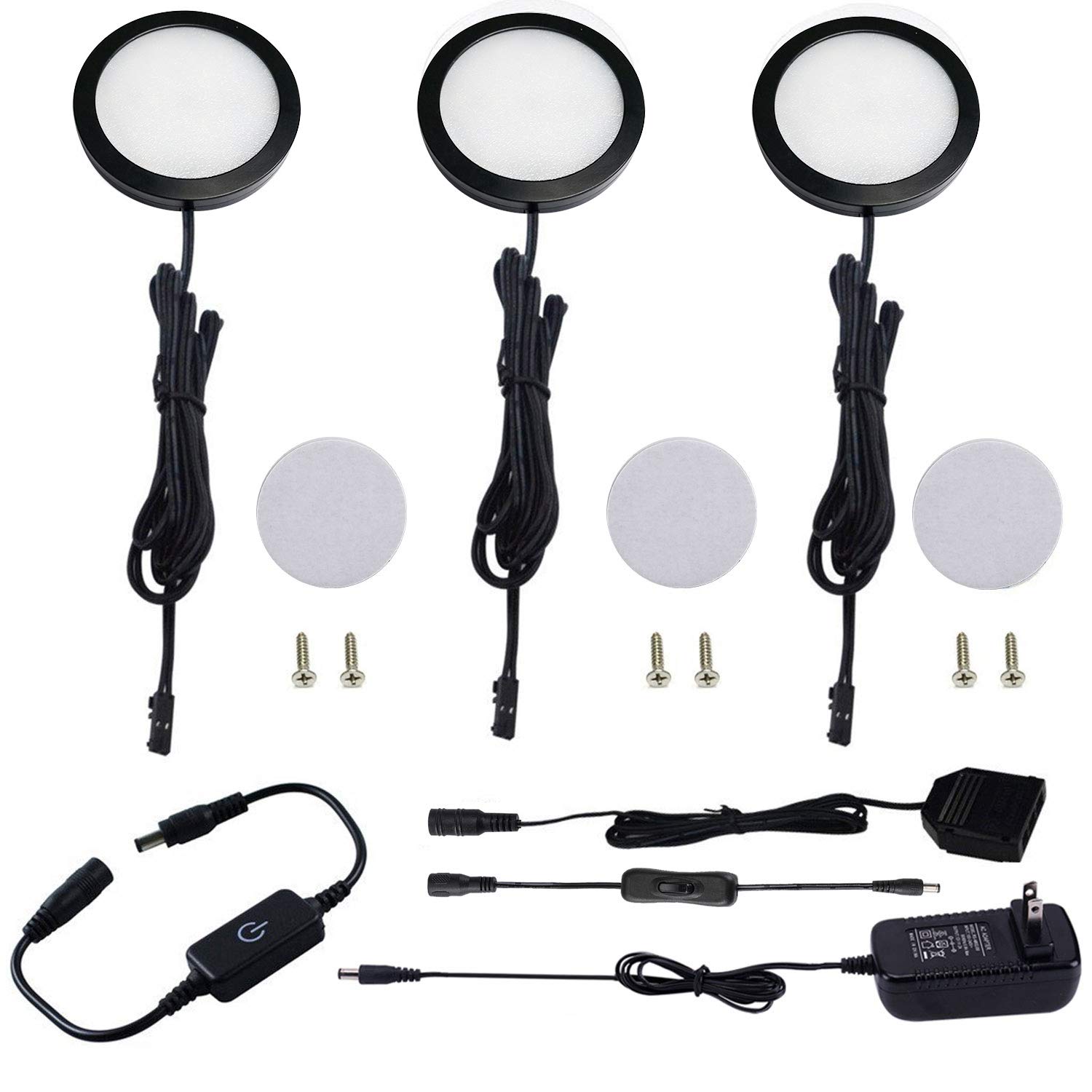 AIBOO Under Cabinet LED Black Cover Puck Lighting Kit with Touch Dimmer Switch for Kitchen Cupboard Closet Lighting (3 Lights,Warm White)