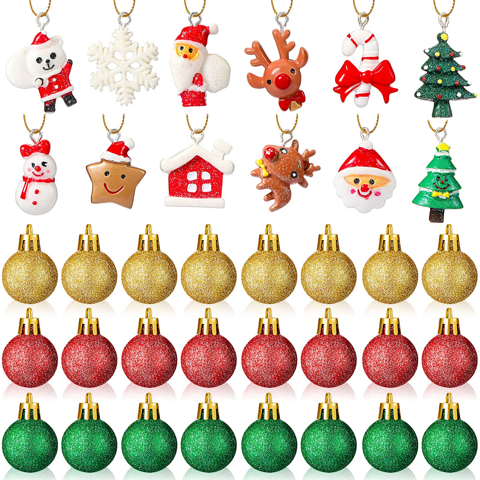 36 Pieces Christmas Mini Glitter Glass Resin Ornaments Set Small Resin Xmas Hanging Ornaments Miniature Balls Tree Ornaments for Christmas Tree Ornaments Decoration (Gold, Red, Green)