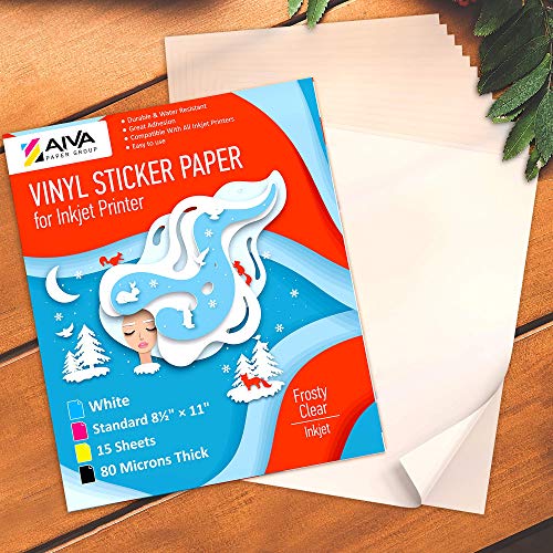 Printable Vinyl Sticker Paper for Inkjet Printer - Frosty Clear - Semi-Transparent -15 Self-Adhesive Sheets - Waterproof Decal Paper - Standard Letter Size 8.5"x11"