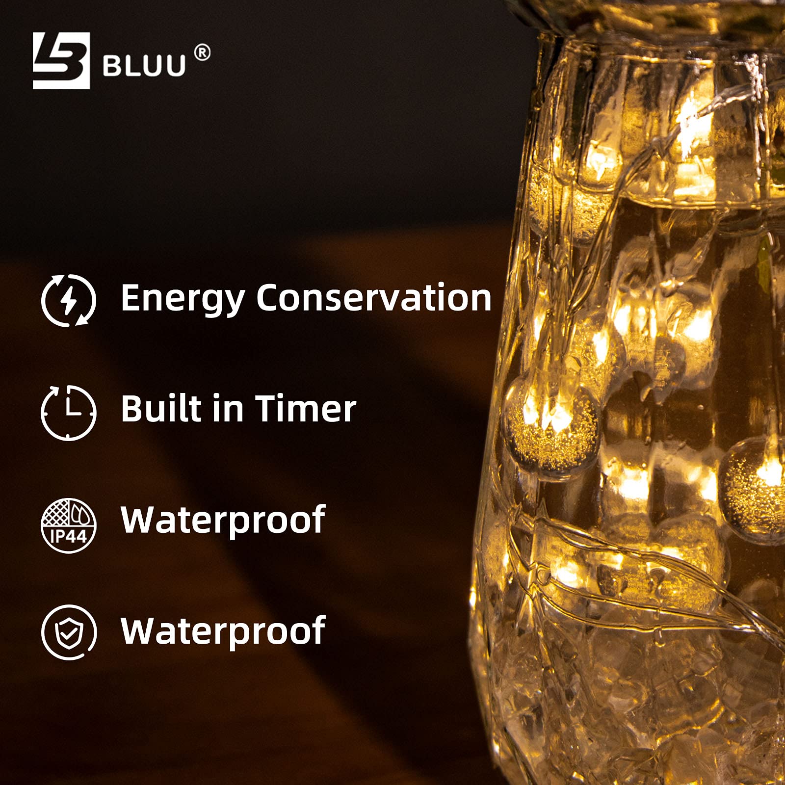 BLUU String Lights 34ft Outdoor 100 Led Crystal Globe Bulb 33 Feet Long String Lights 8 Lighting Modes, Waterproof Battery Powered Patio Lights for Garden Yard Porch Wedding Party Decor