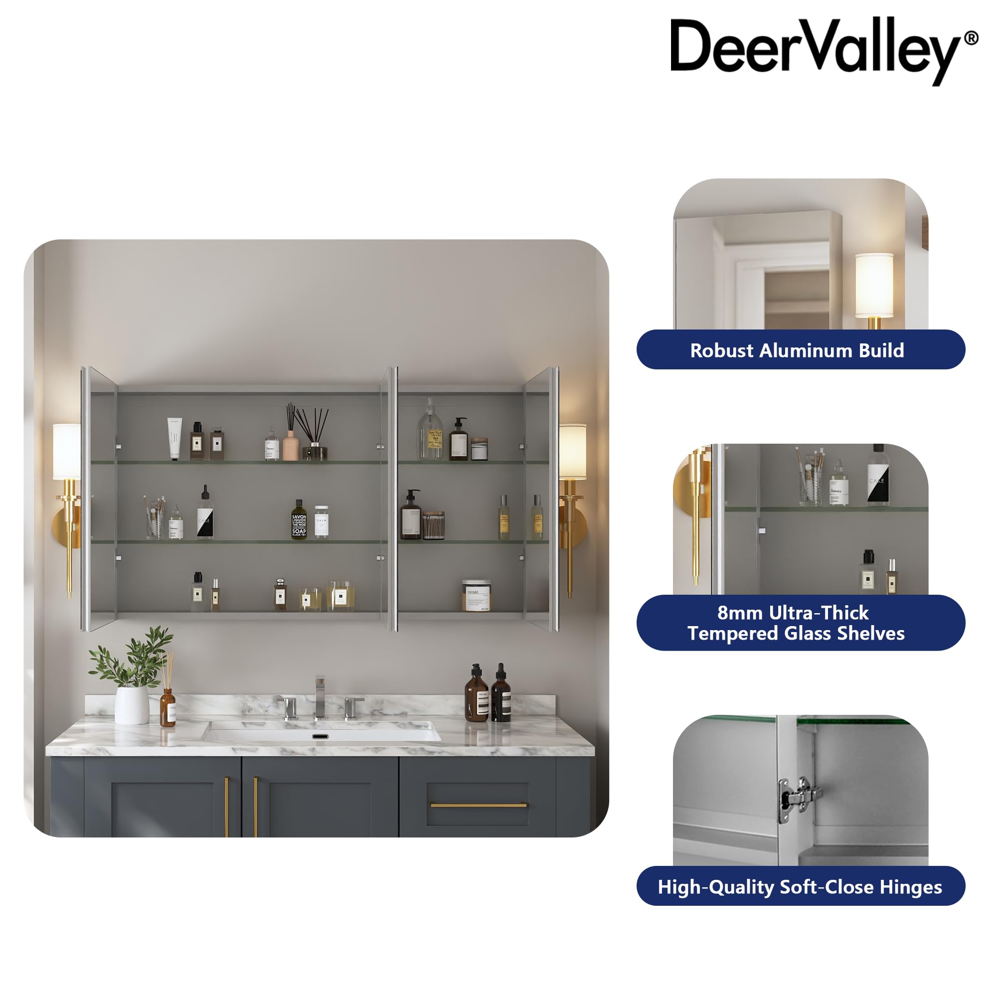 Deer Valley Medicine Cabinet with Mirror, 48" W x 26" H Bathroom Mirror with Storage, 3 Doors Frameless Modern Wall Mount Mirrored Medicine Cabinets with 2 Adjustable Shelves DV-1MC0149