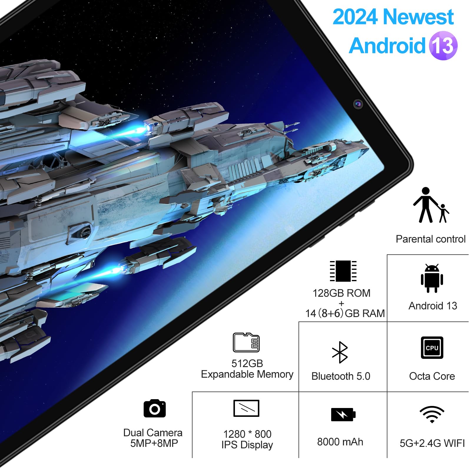 2024 Tablet 10 inch Android 13 Tablets with Octa-Core, 14GB RAM 128GB ROM, 8000mAh Battery, Drop-Proof Case, TF 512GB, HD IPS Touchscreen, 5G/2.4G WiFi, Bluetooth 5.0, GPS, Split Screen Support -Blue